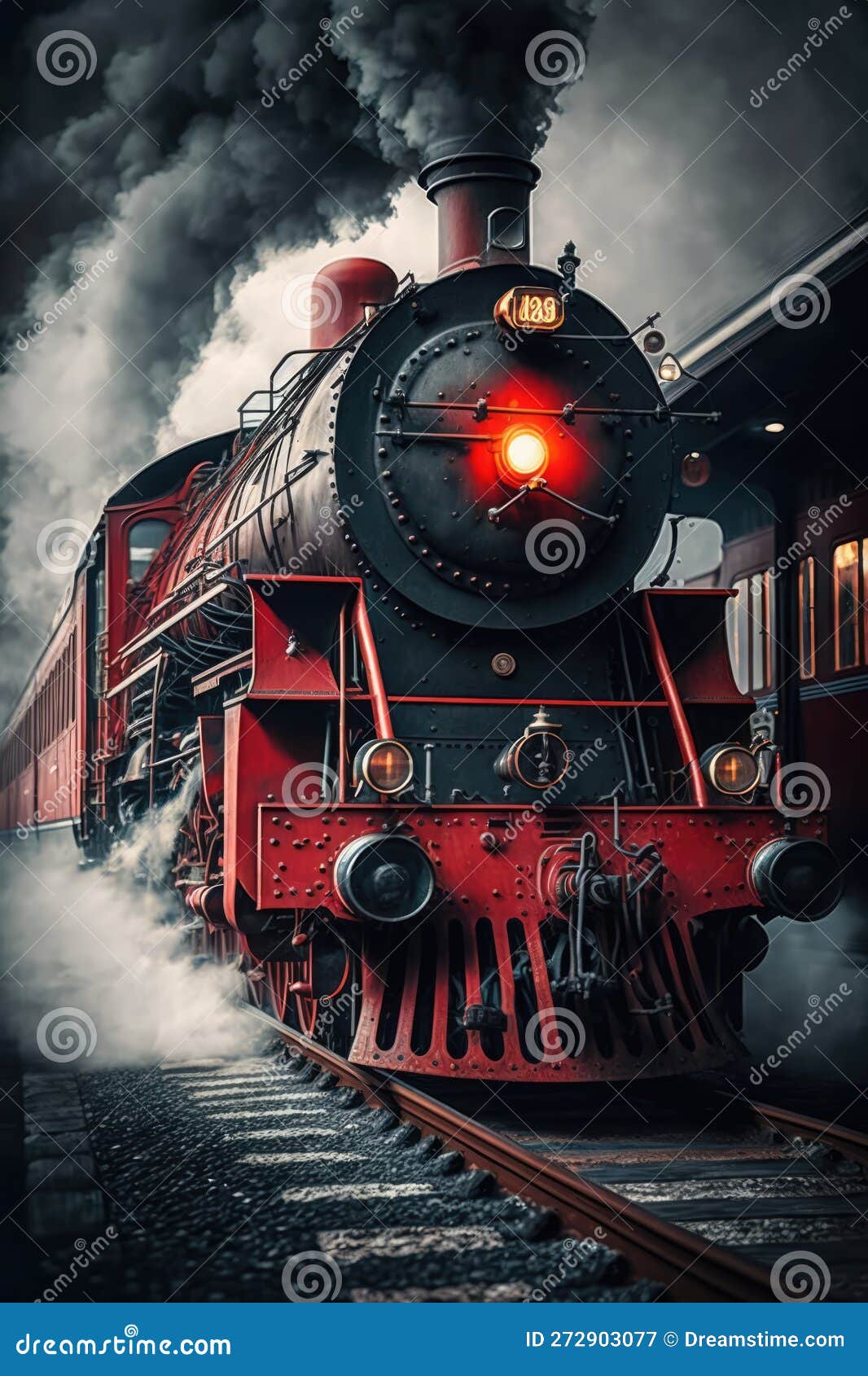 Black Steam Train on Tracks Over Dark Clouds, Created Using Generative ...