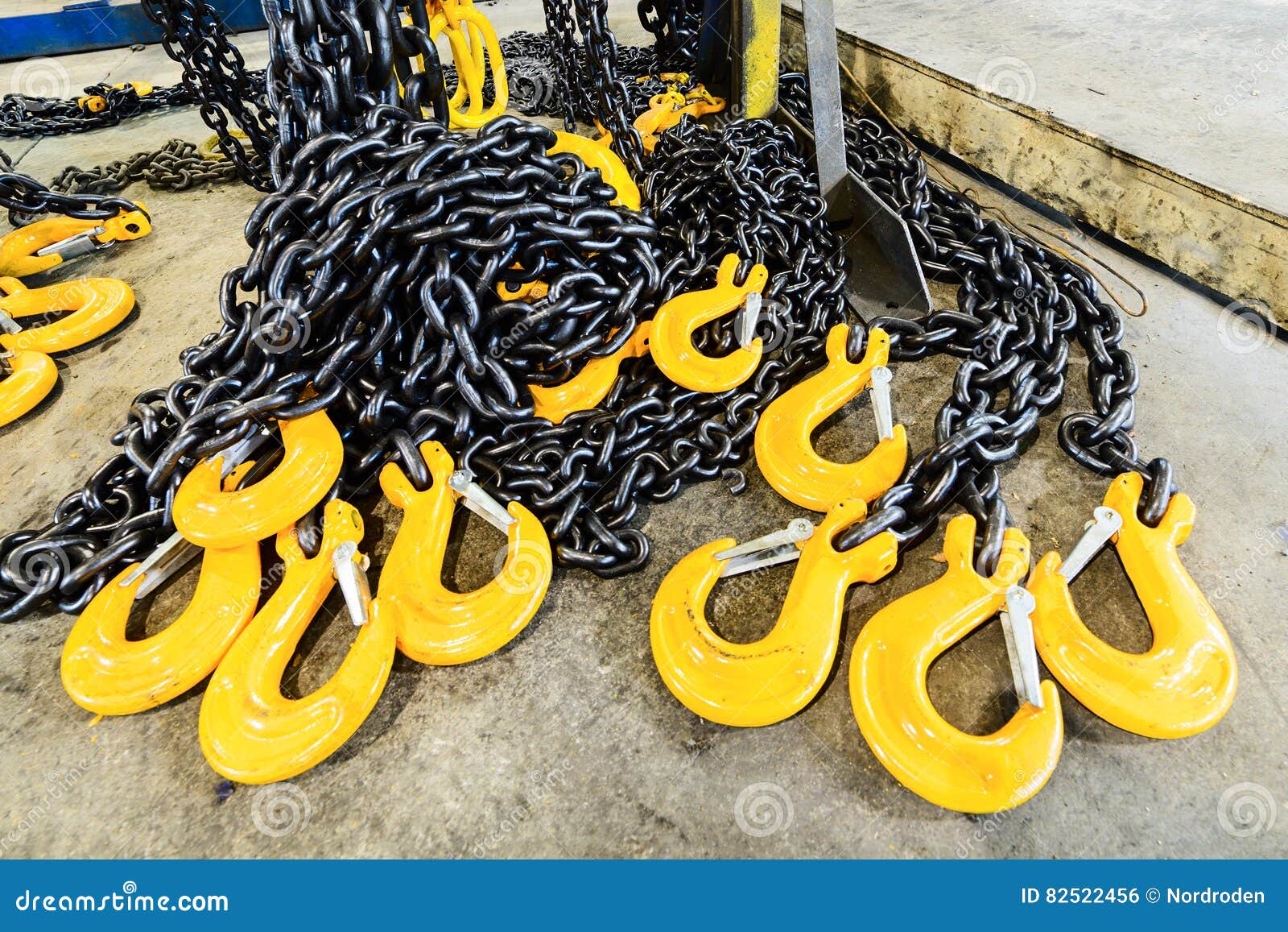Black Steel Chain and Yellow Cargo Hooks. Stock Photo - Image of plant ...