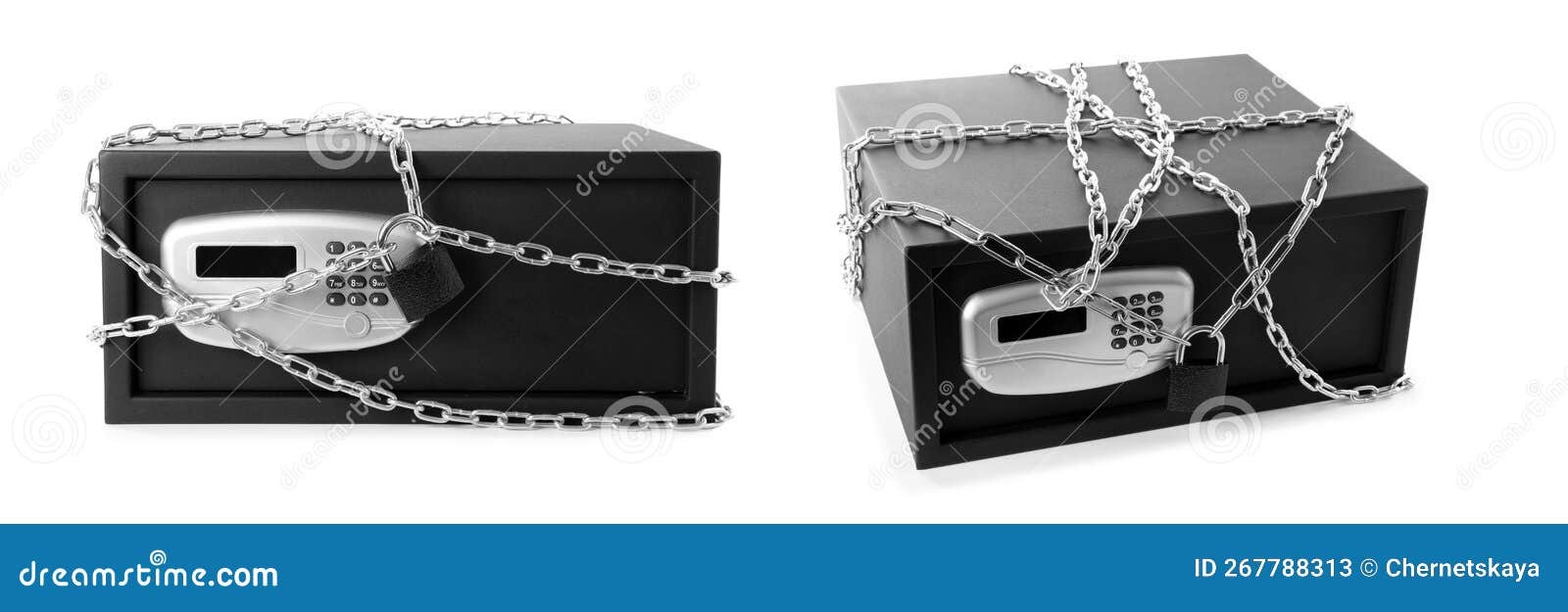 Black Steel Safe with Chains and Lock on White Background, View from ...