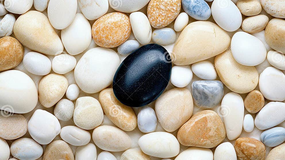 Black Stone Centered among Light Colored Pebbles on a Flat Surface ...