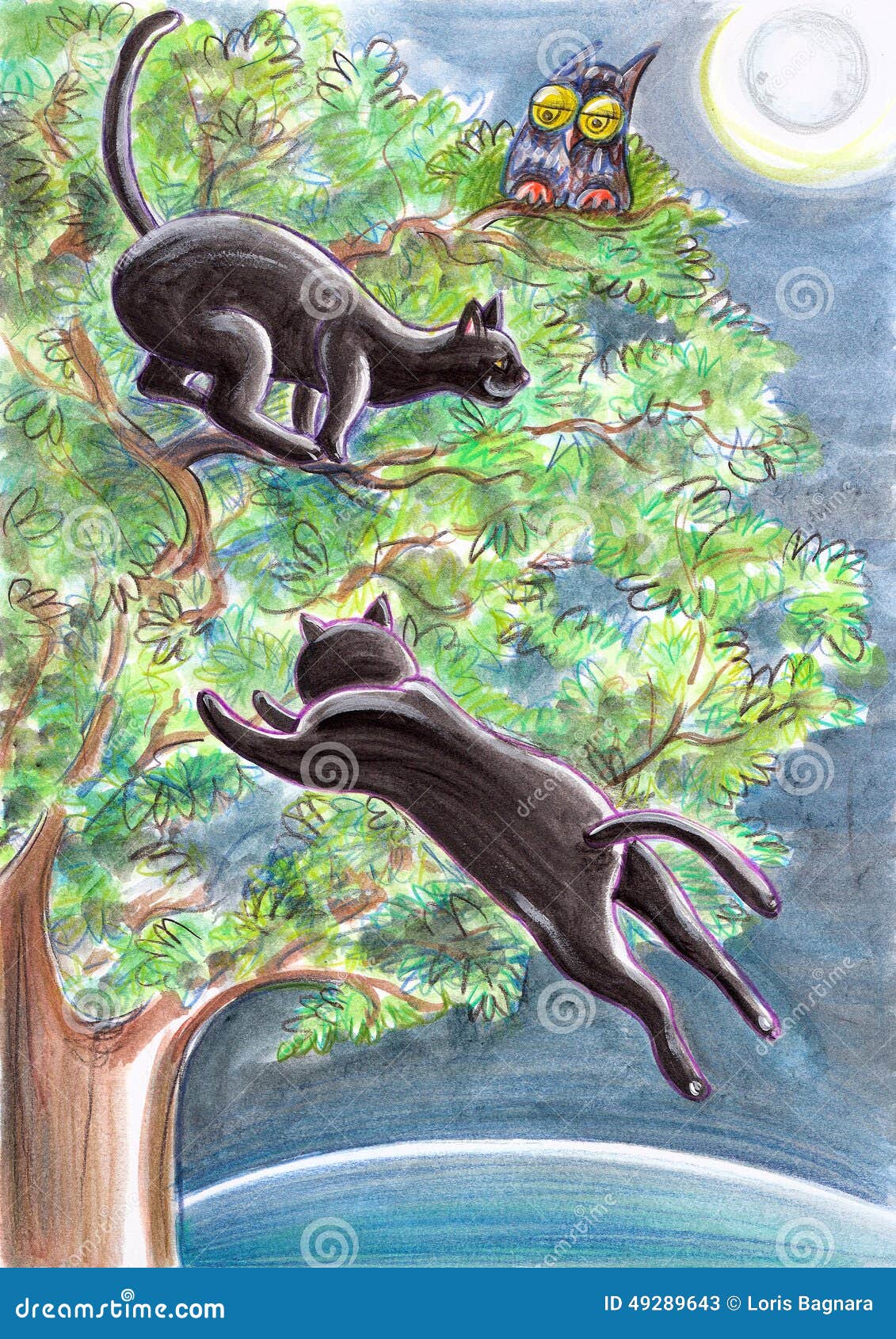 Black Stray Cats and an Owl on a Tree Stock Illustration - Illustration ...