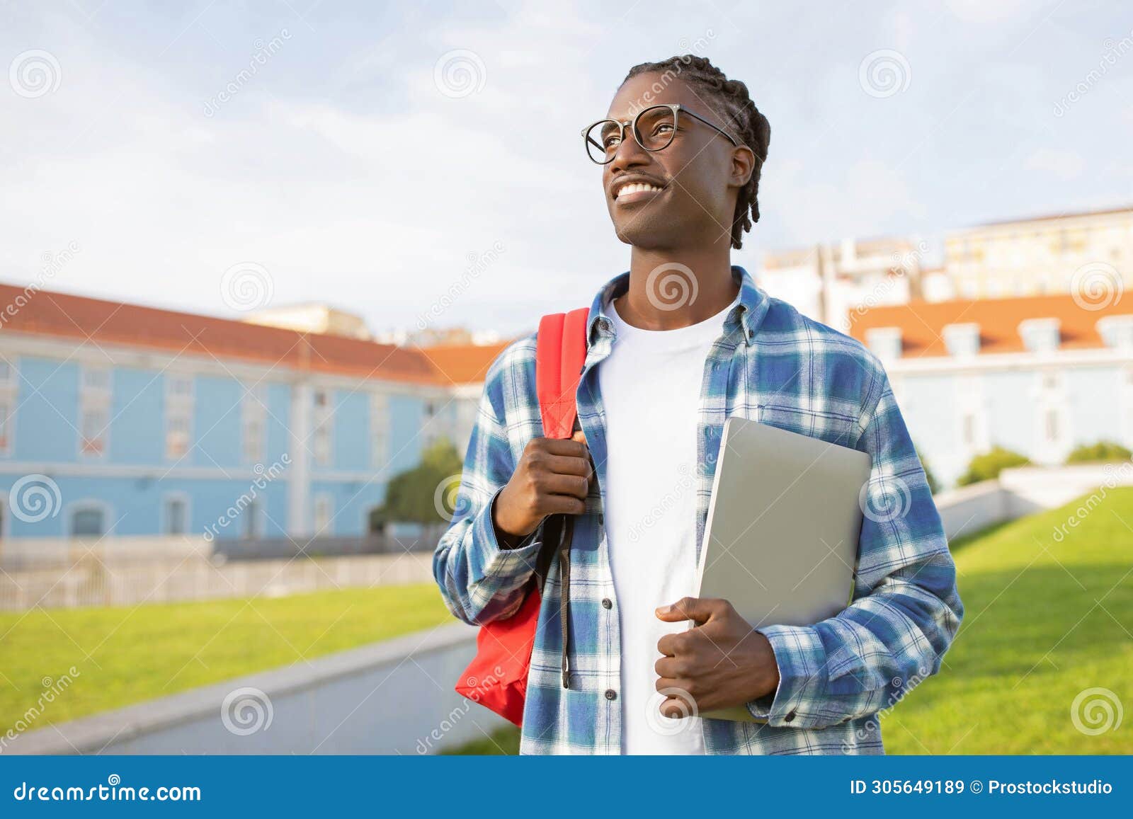 Black Student Guy with Backpack and Laptop Over University Campus Stock ...