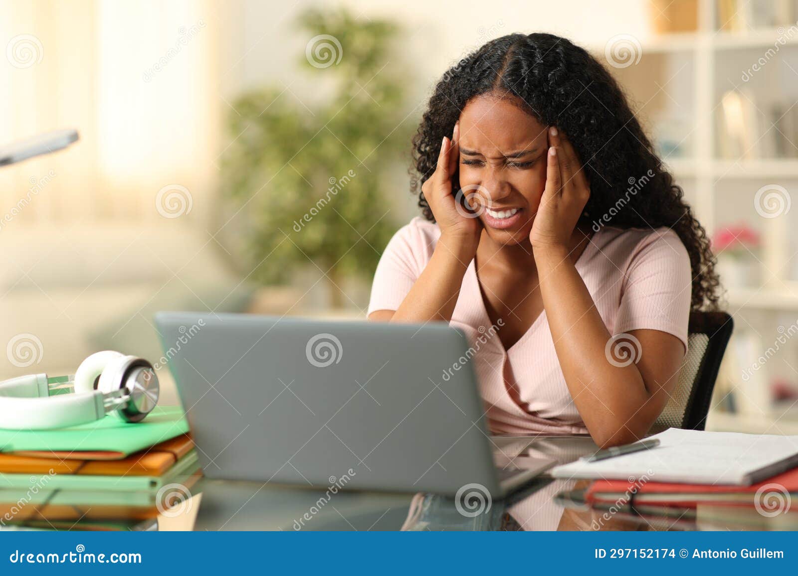 Black Student Suffering Migraine Studying at Home Stock Photo - Image ...