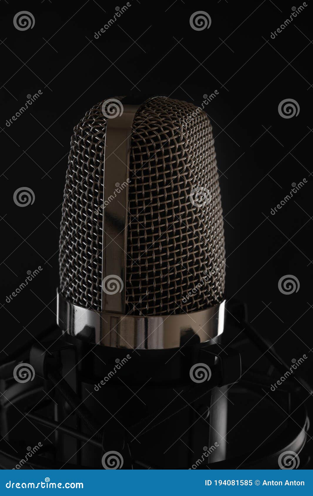 Black Studio Microphone on Black Background, Close Up Stock Image ...