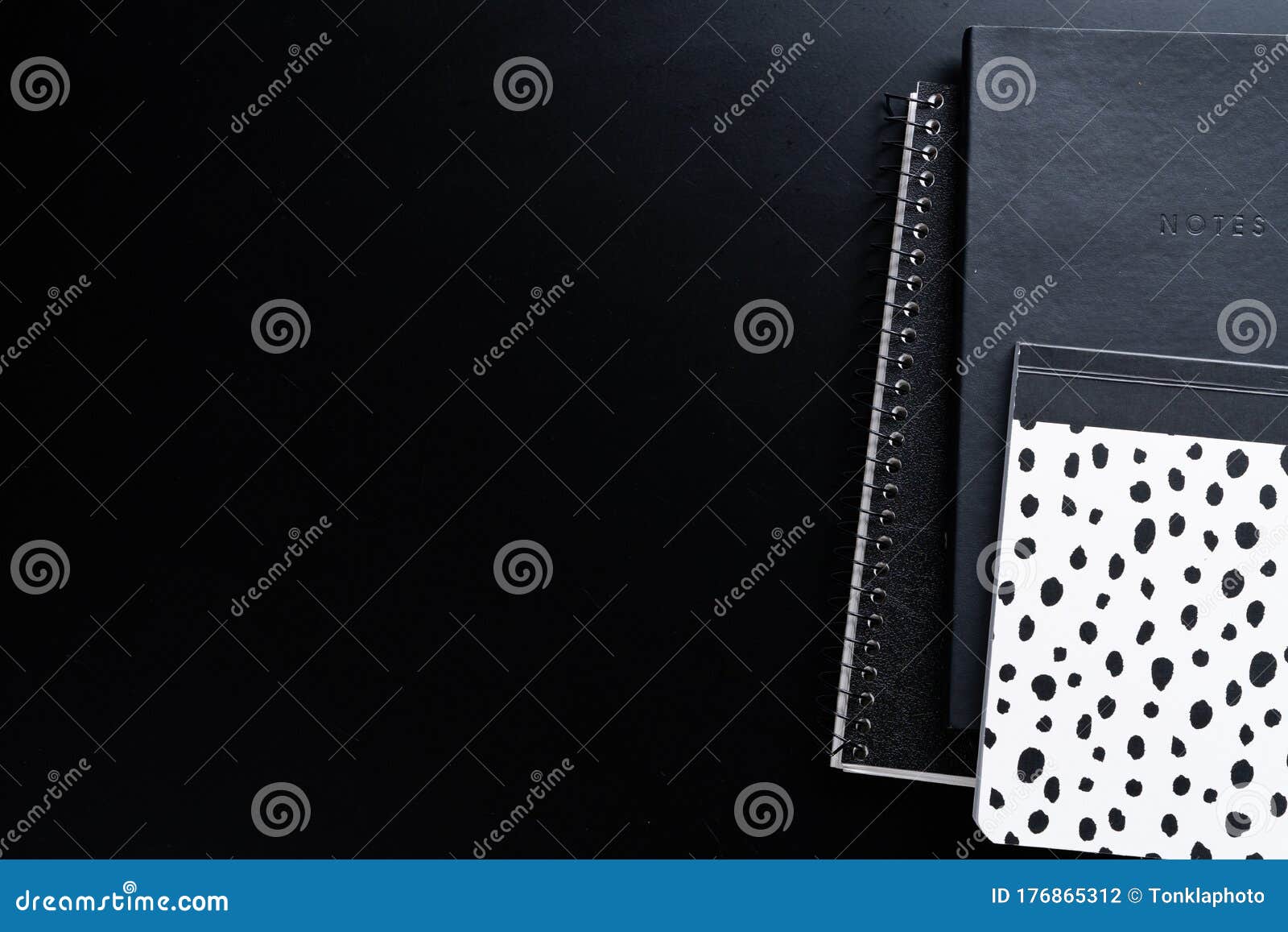 Black Style Set: Notepad, Pen and Paper Clips on Black Background Stock ...