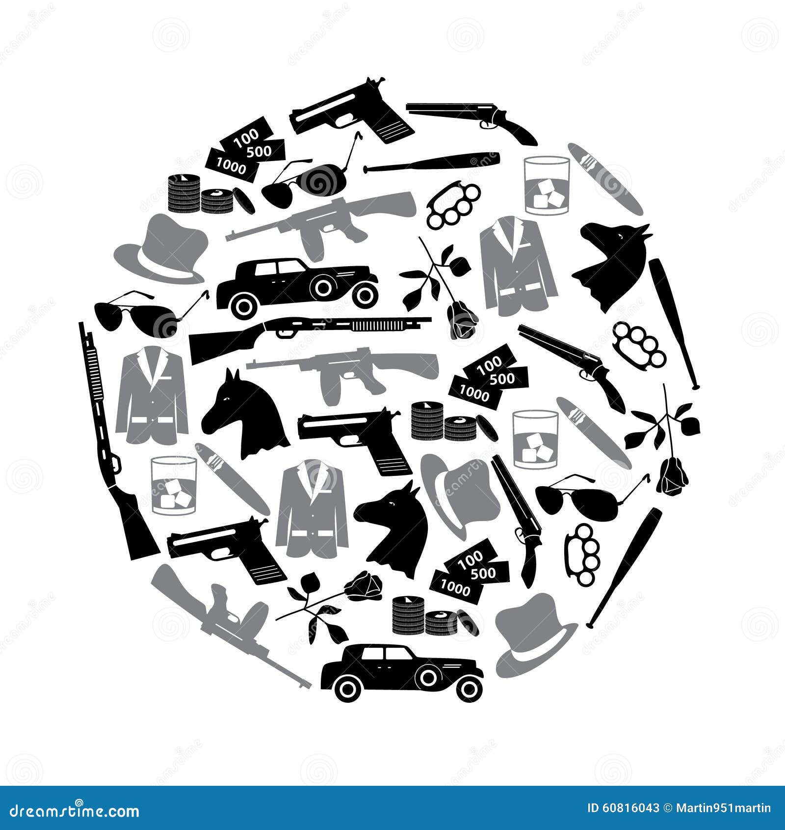 Mafia Criminal Black Outline Symbols And Icons Set Vector Illustration ...
