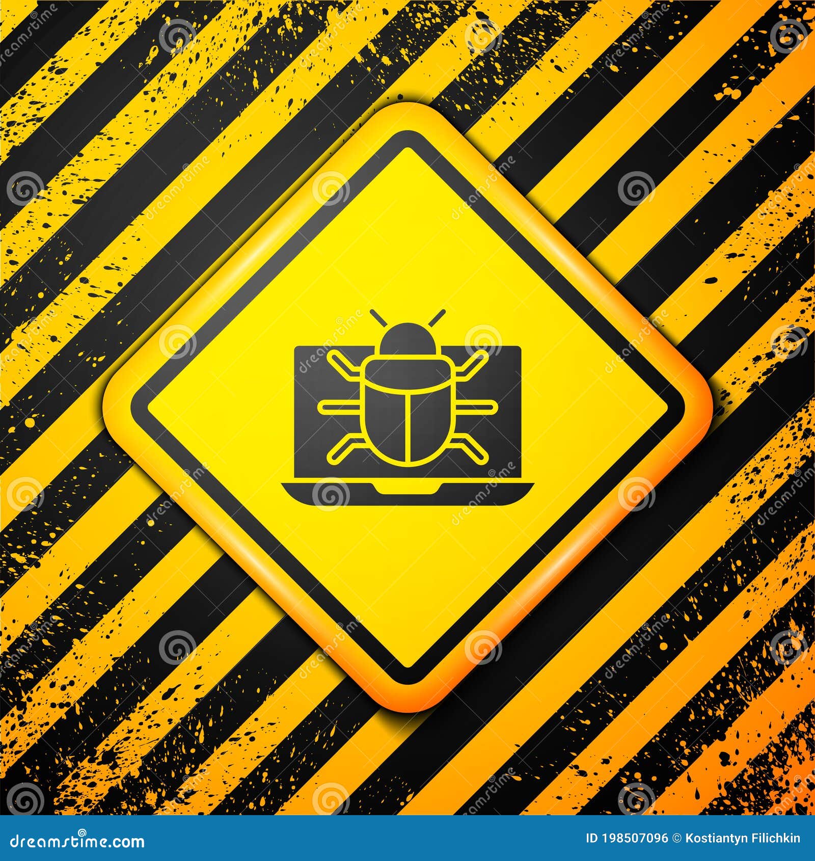 Black System Bug on Monitor Icon Isolated on Yellow Background. Code ...