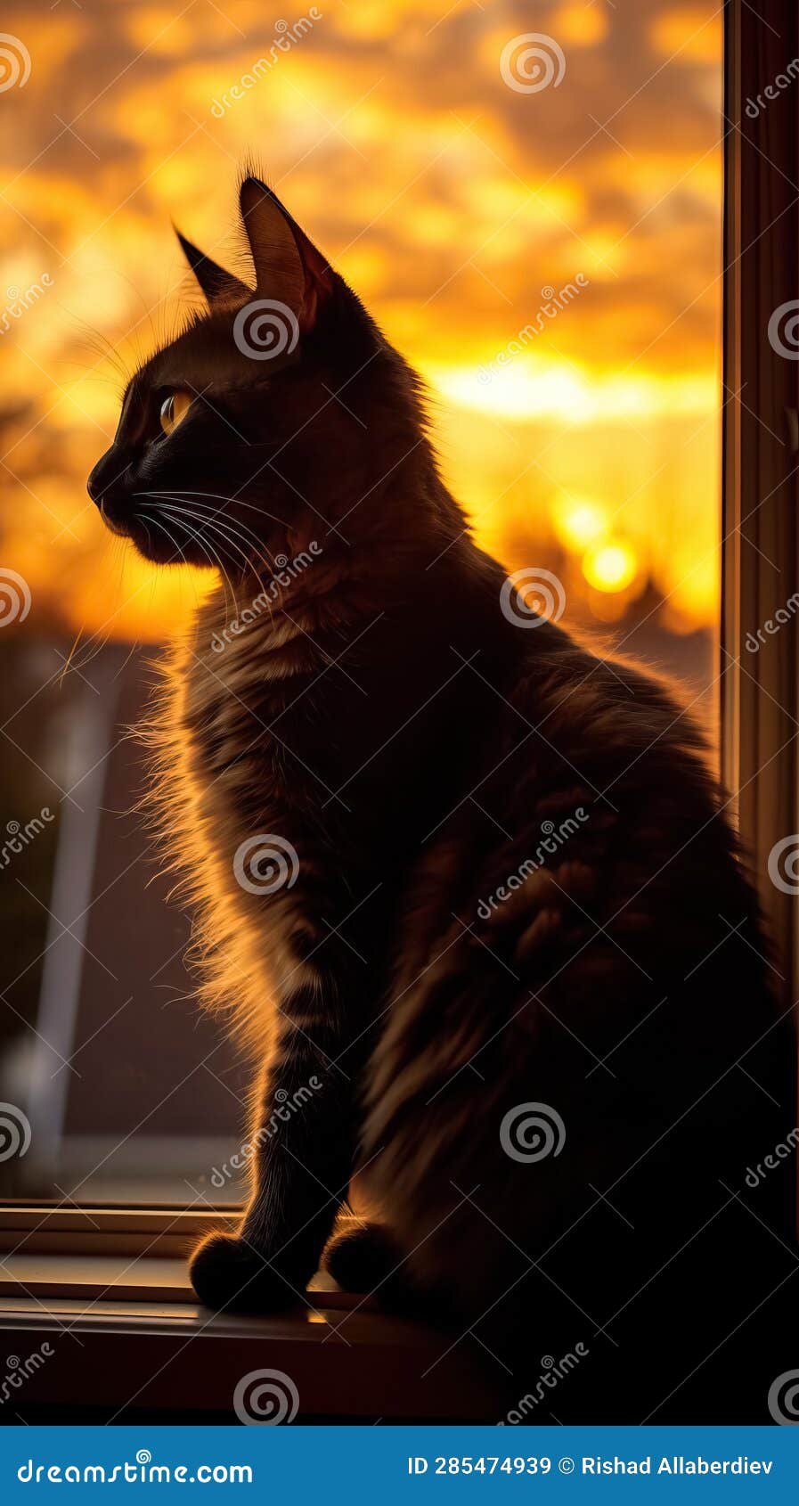 A Black Tabby Cat Positioned By A Window, Observing A Sunset Royalty ...