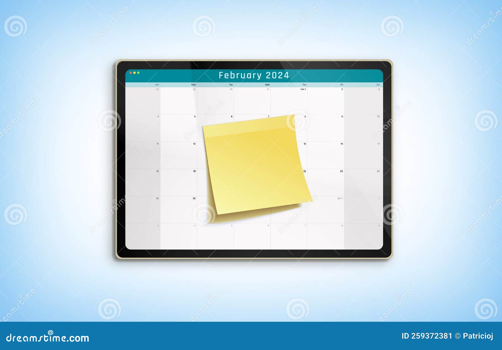 February 2024 Calendar on a Digital Tablet with Yellow Sticky Note Pad ...