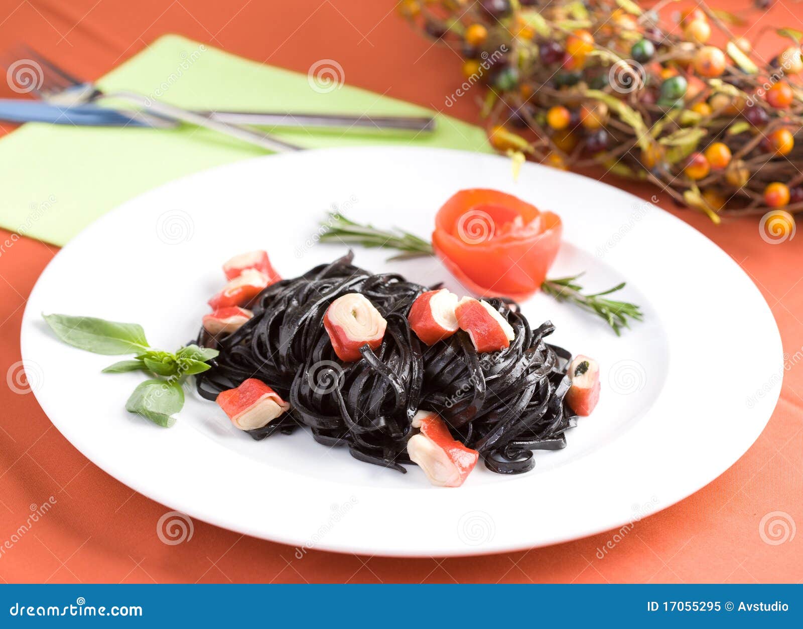 Black Tagliatelle Pasta with Crab Cubes Stock Image - Image of ...