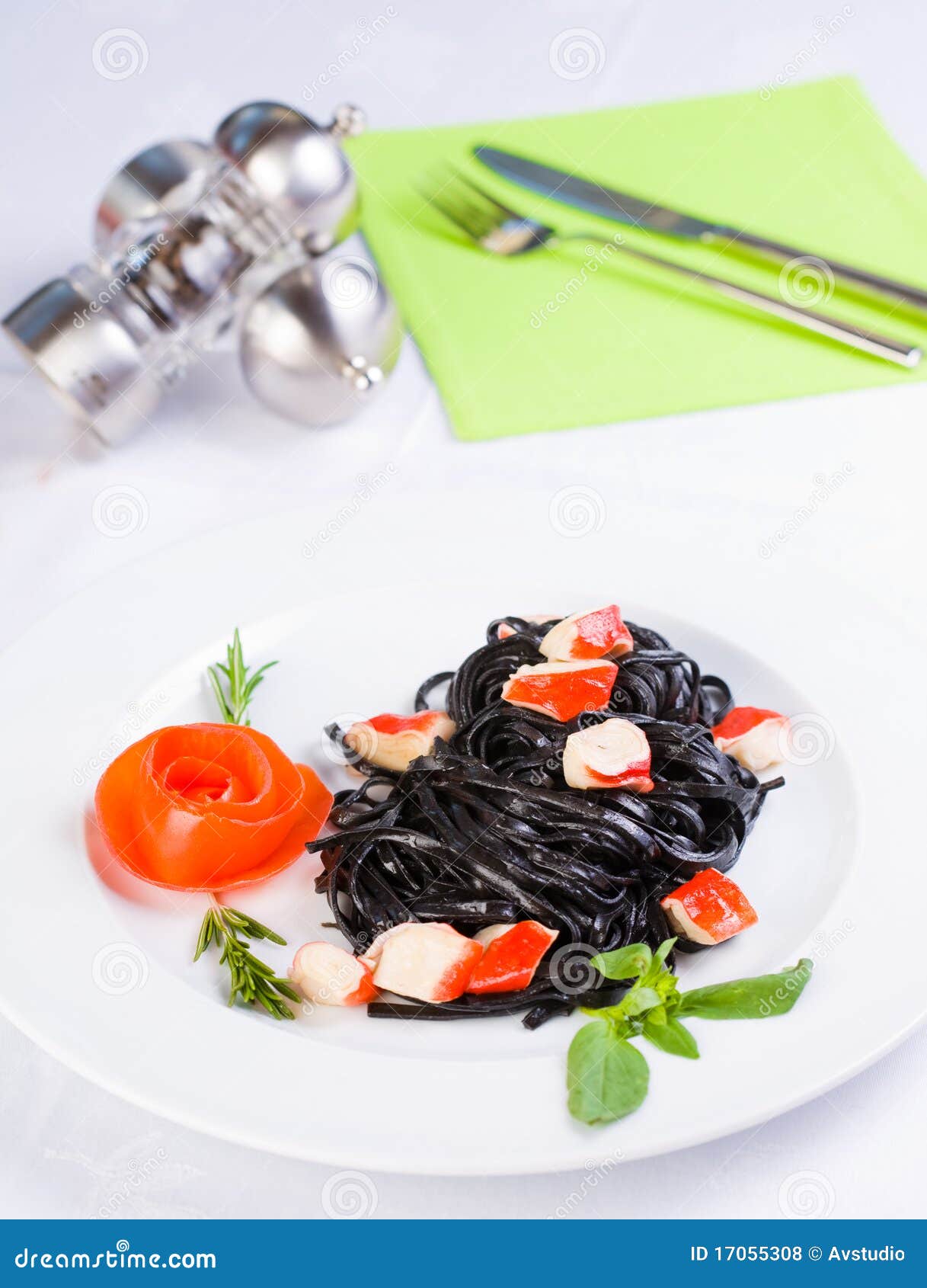 Black Tagliatelle Pasta with Crab Cubes Stock Photo - Image of olive ...