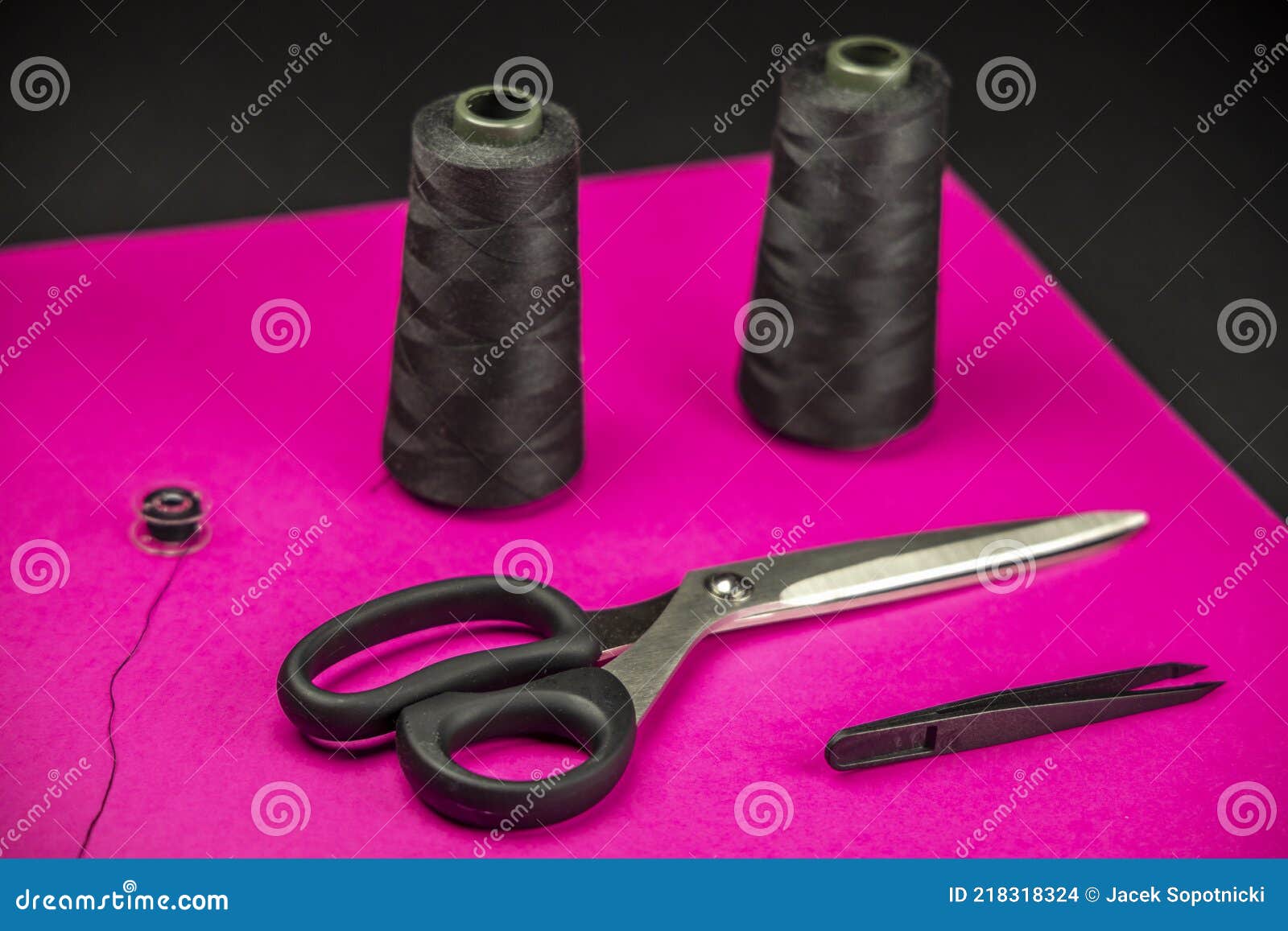 Black Tailoring Accessories on Pink Background Stock Photo - Image of ...