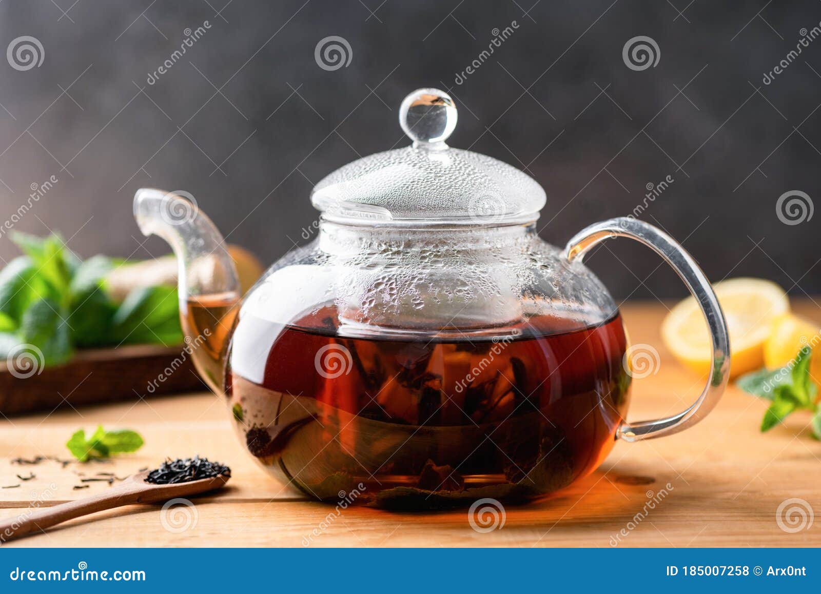 Black Tea Brewed in Glass Tea Pot Stock Photo - Image of health, green ...