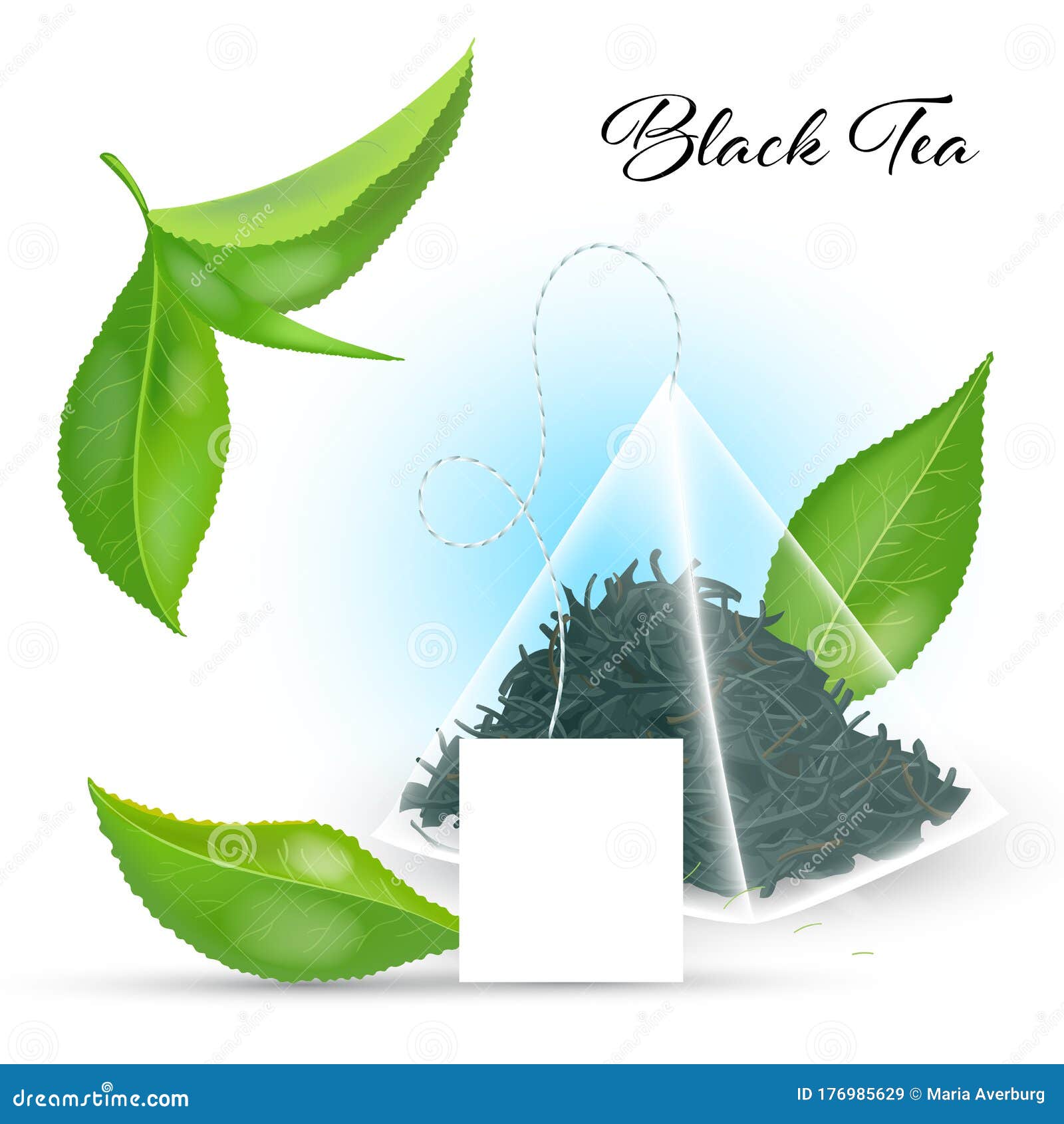Black Tea Concept with Pyramidal Tea Bag and Realistic Leaves . Vector ...