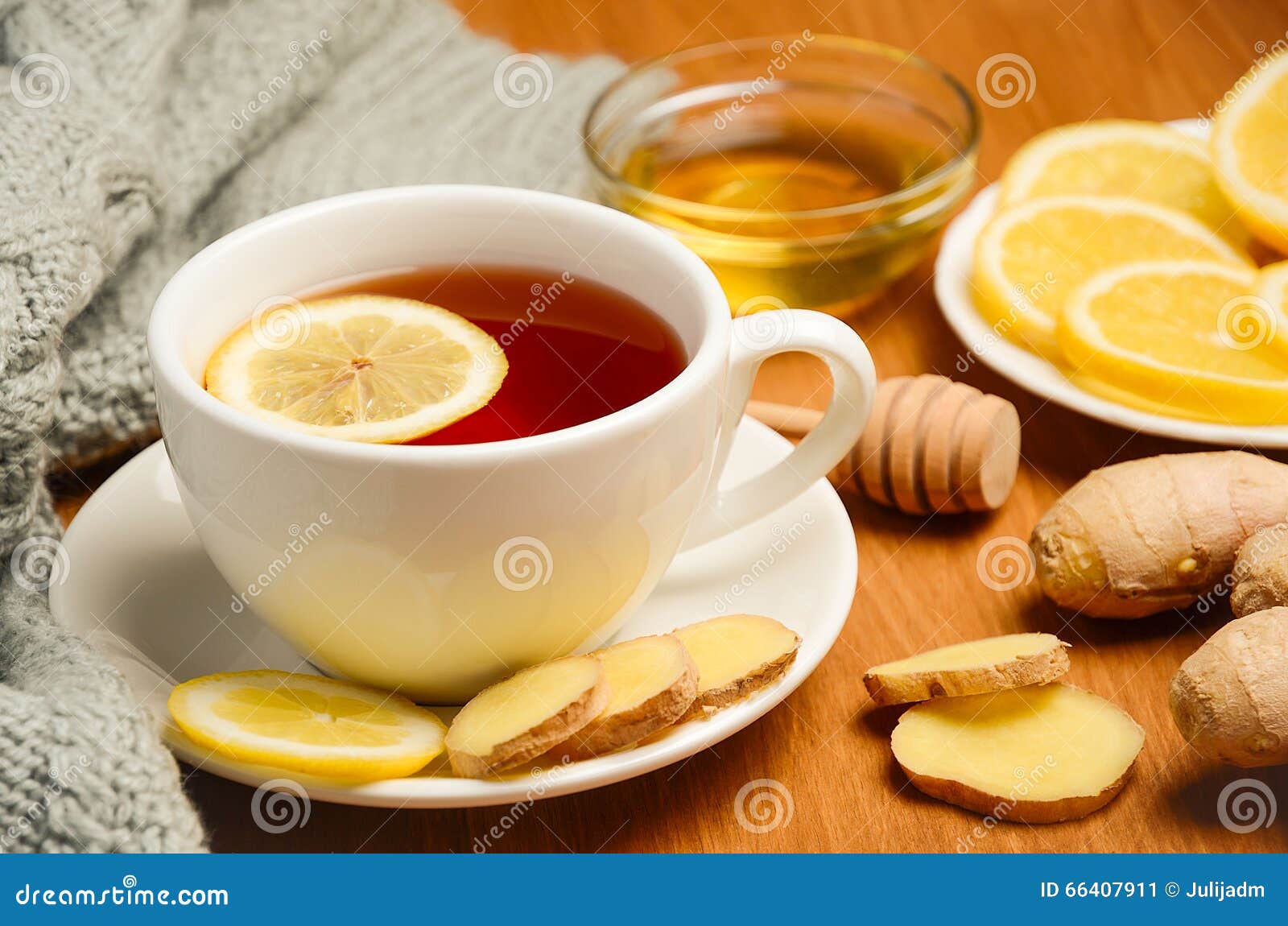 Black Tea with Lemon, Ginger and Honey on the Wooden Table. Stock Image ...