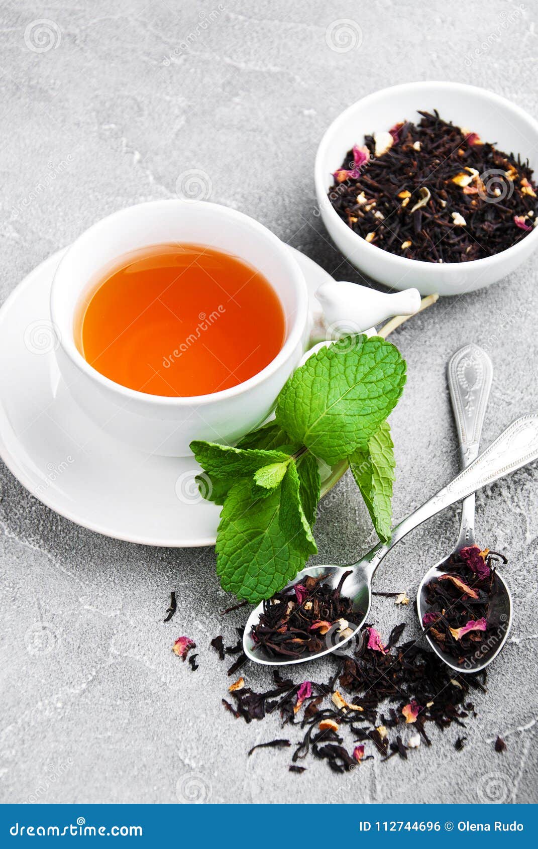 Black tea with mint stock photo. Image of table, background - 112744696