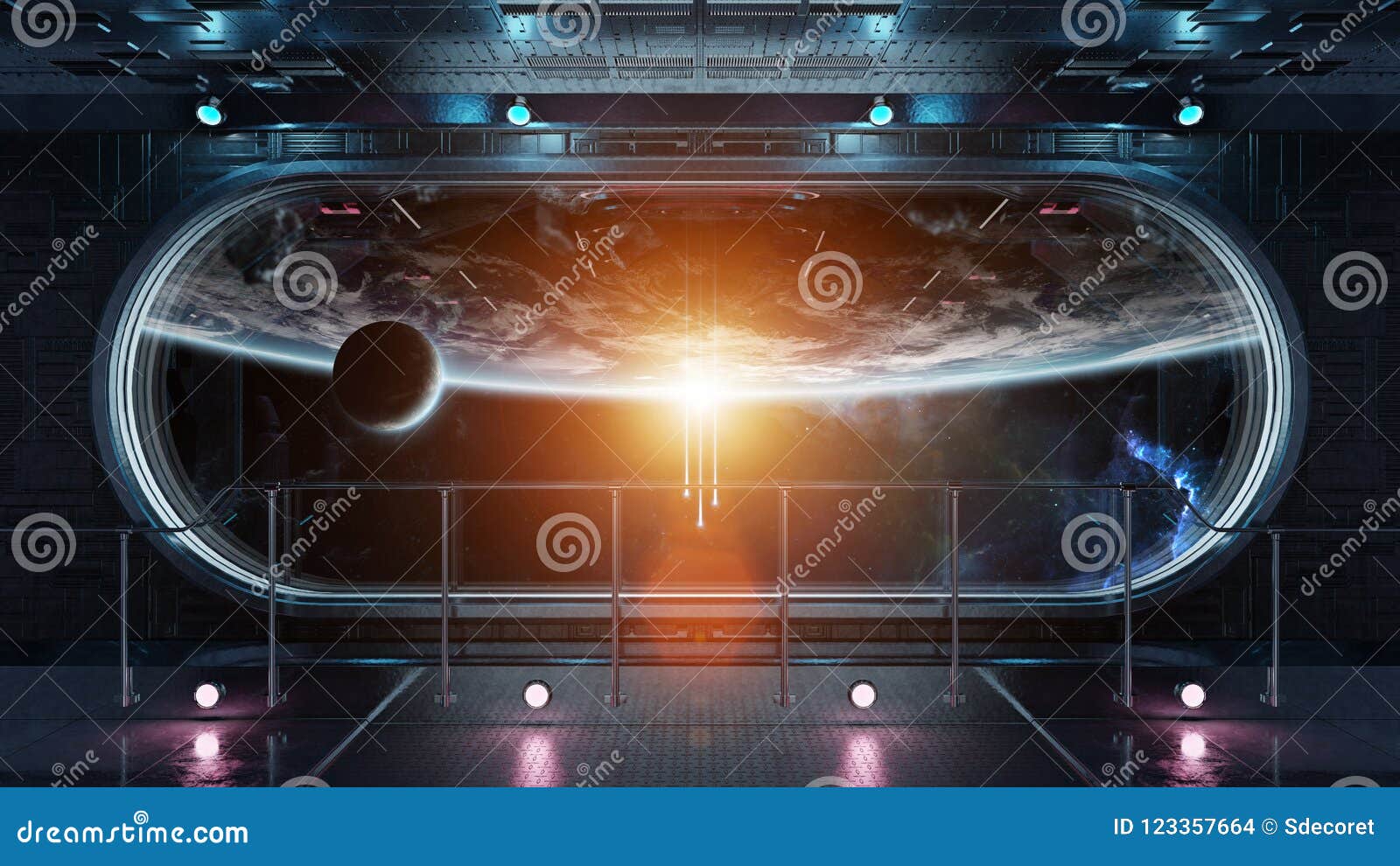 Black Tech Spaceship Round Window Interior Background 3D Renderi Stock ...