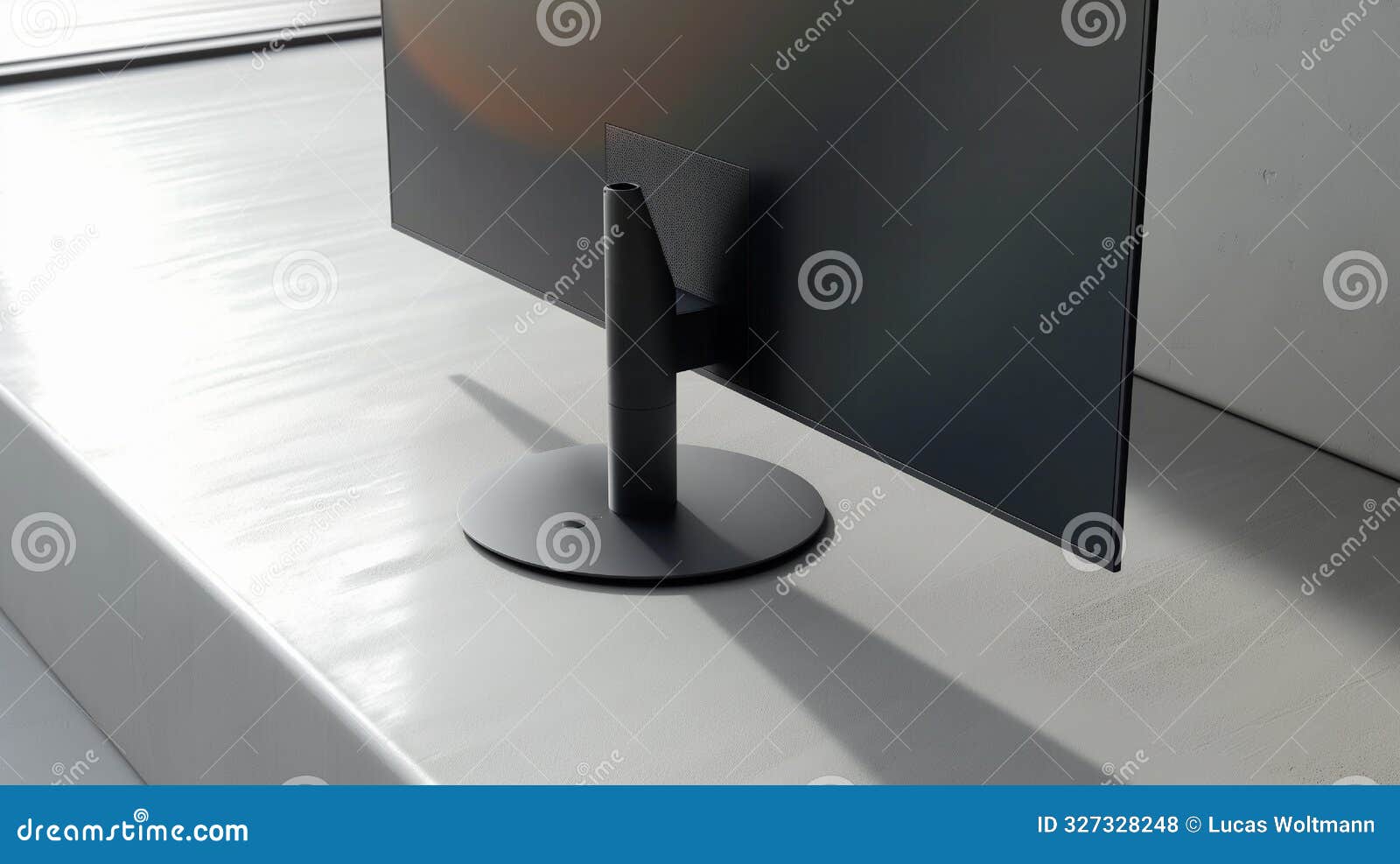 Black Television Screen with Circular Stand on White Surface Stock ...