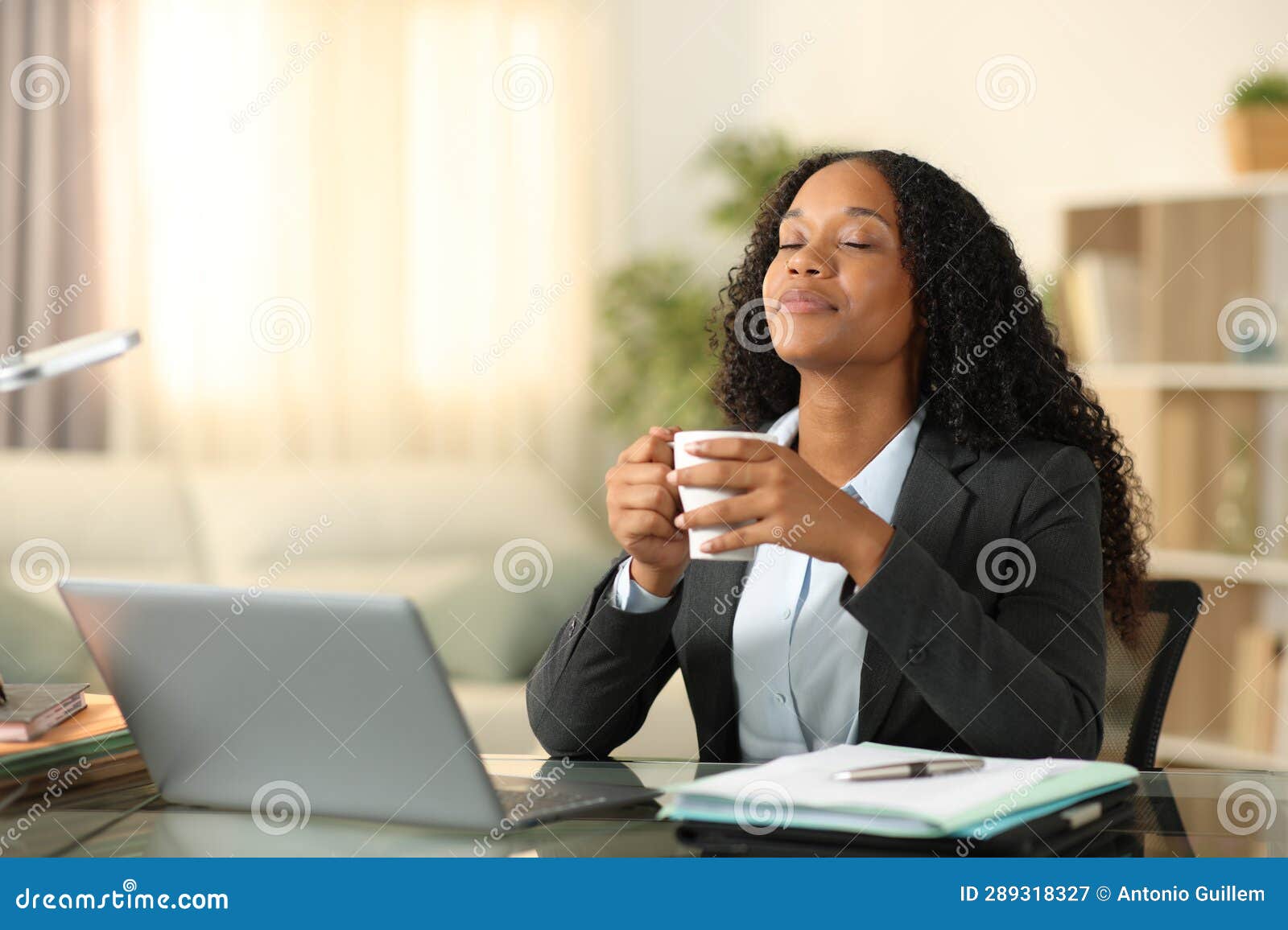 Black Teleworker Relieving Stress Breathing Drinking Coffee Stock Image ...