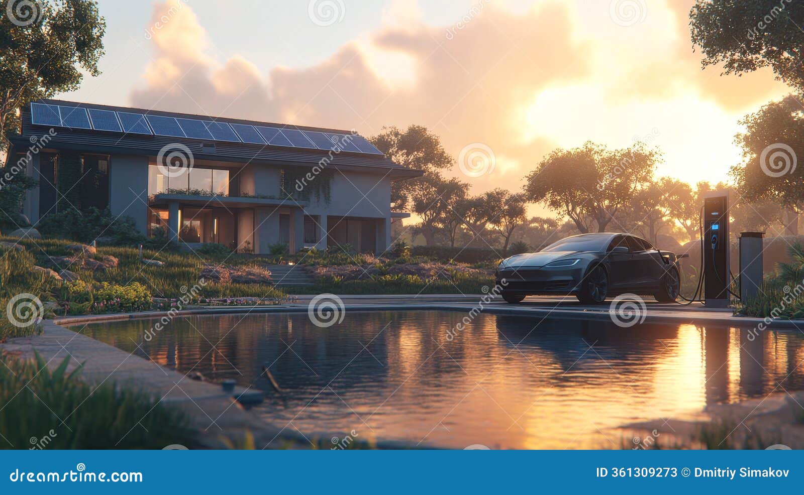 A Black Tesla Car is Parked in Front of a House with a Pool Stock Image ...
