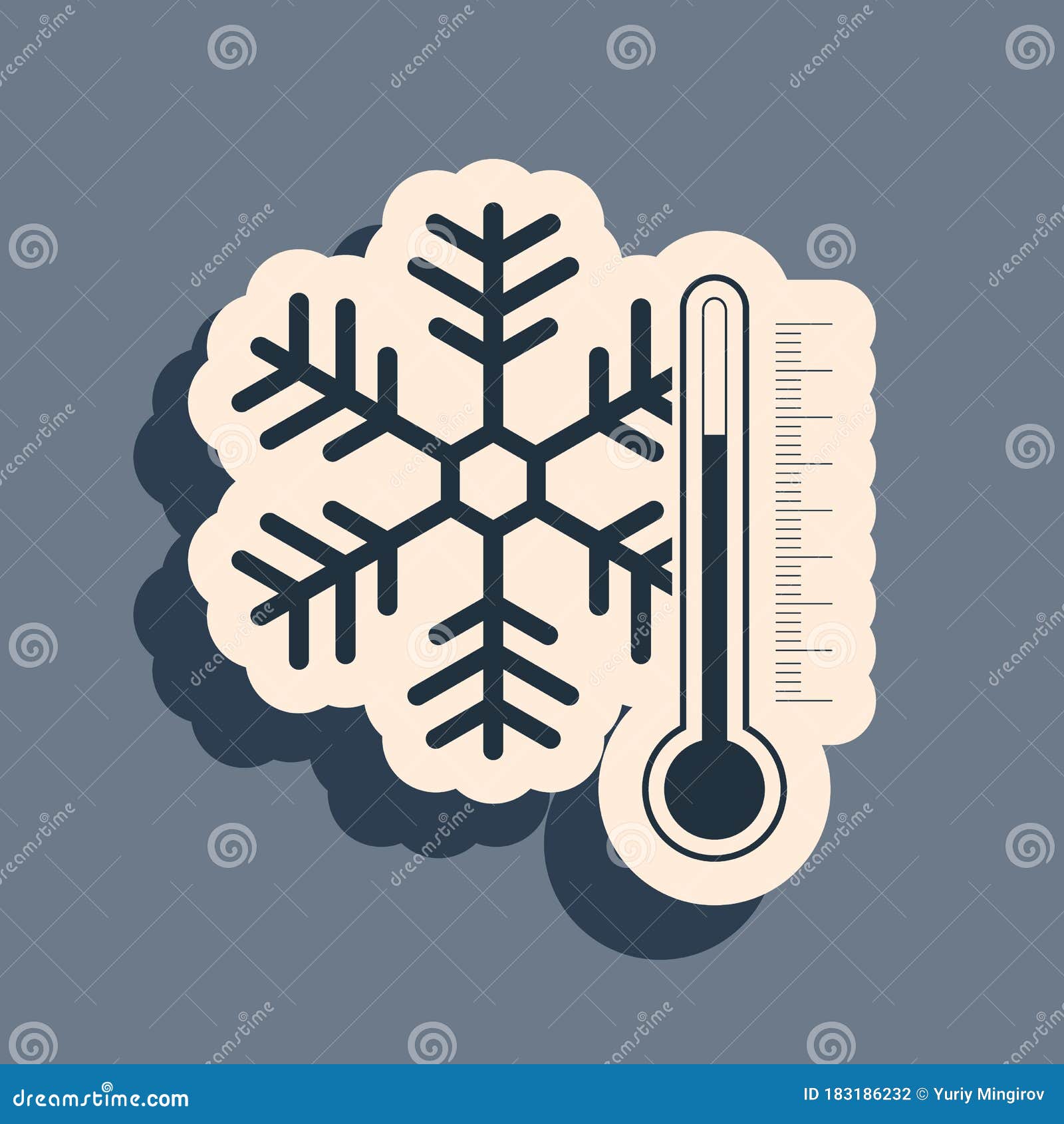 Black Thermometer with Snowflake Icon Isolated on Grey Background. Long ...