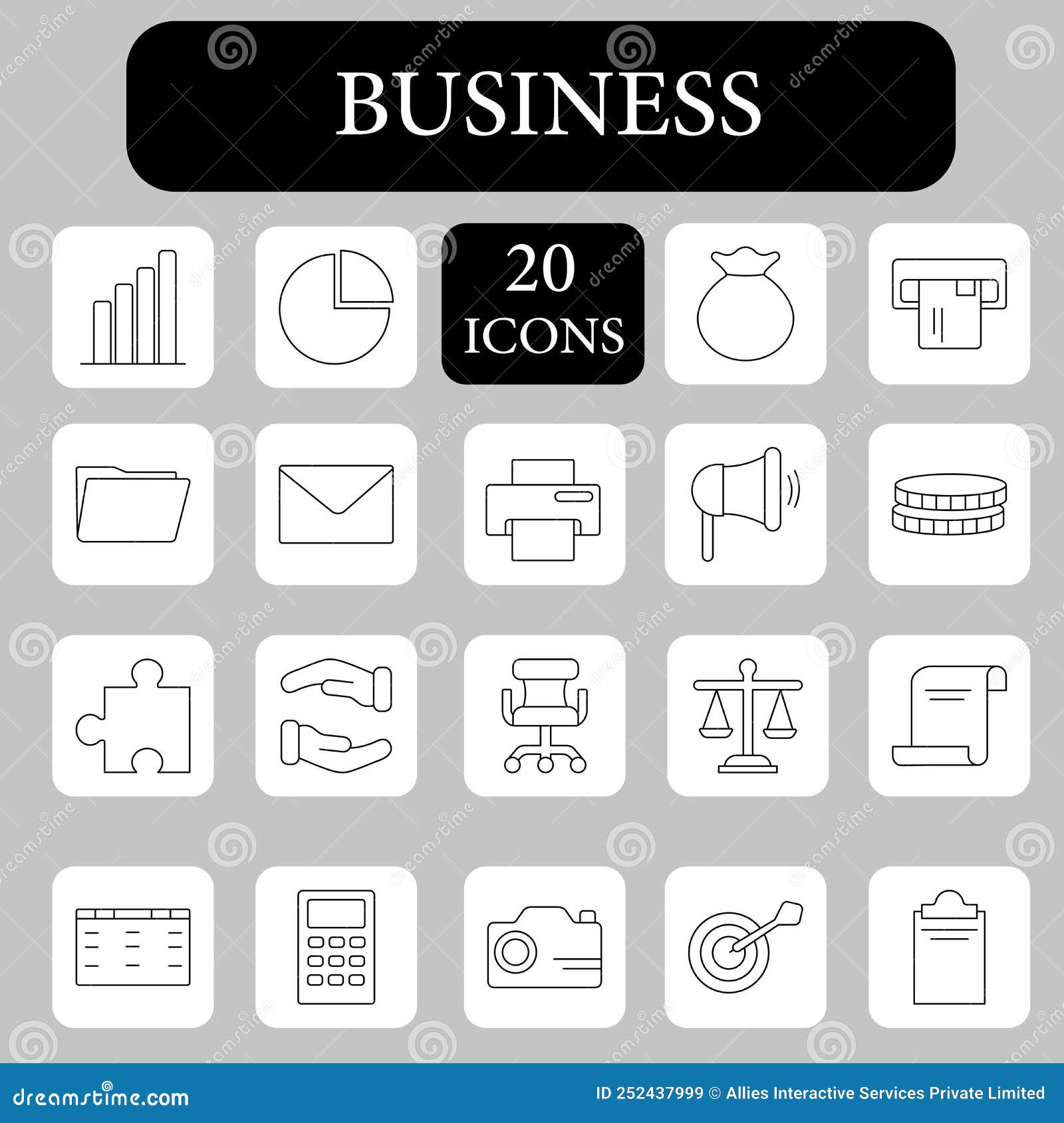 Black Thin Line Art of 20 Business Square Icons Stock Illustration ...