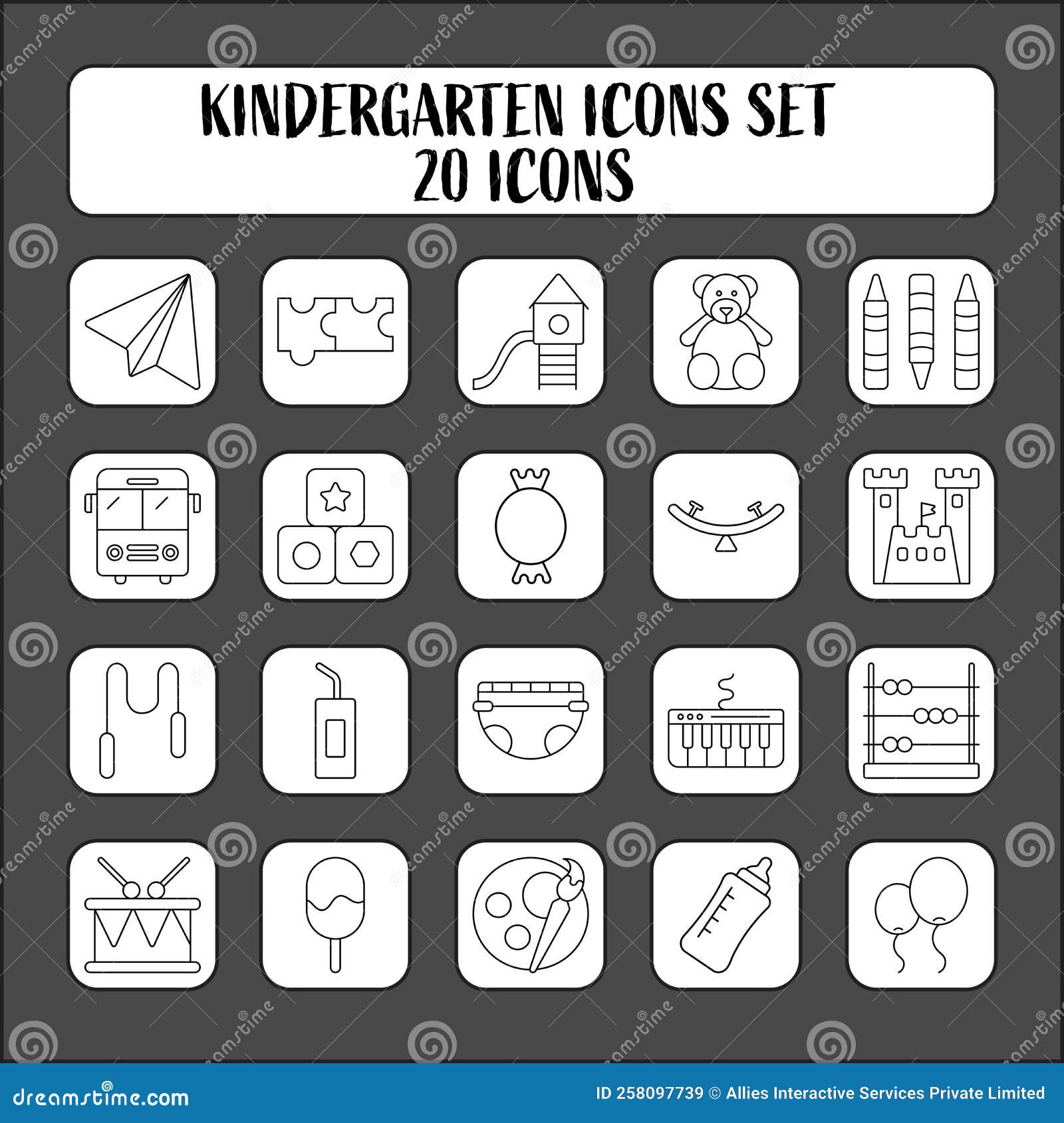 20 Black Thin Lineal Kindergarten Icon Set Over Grey and White Square ...