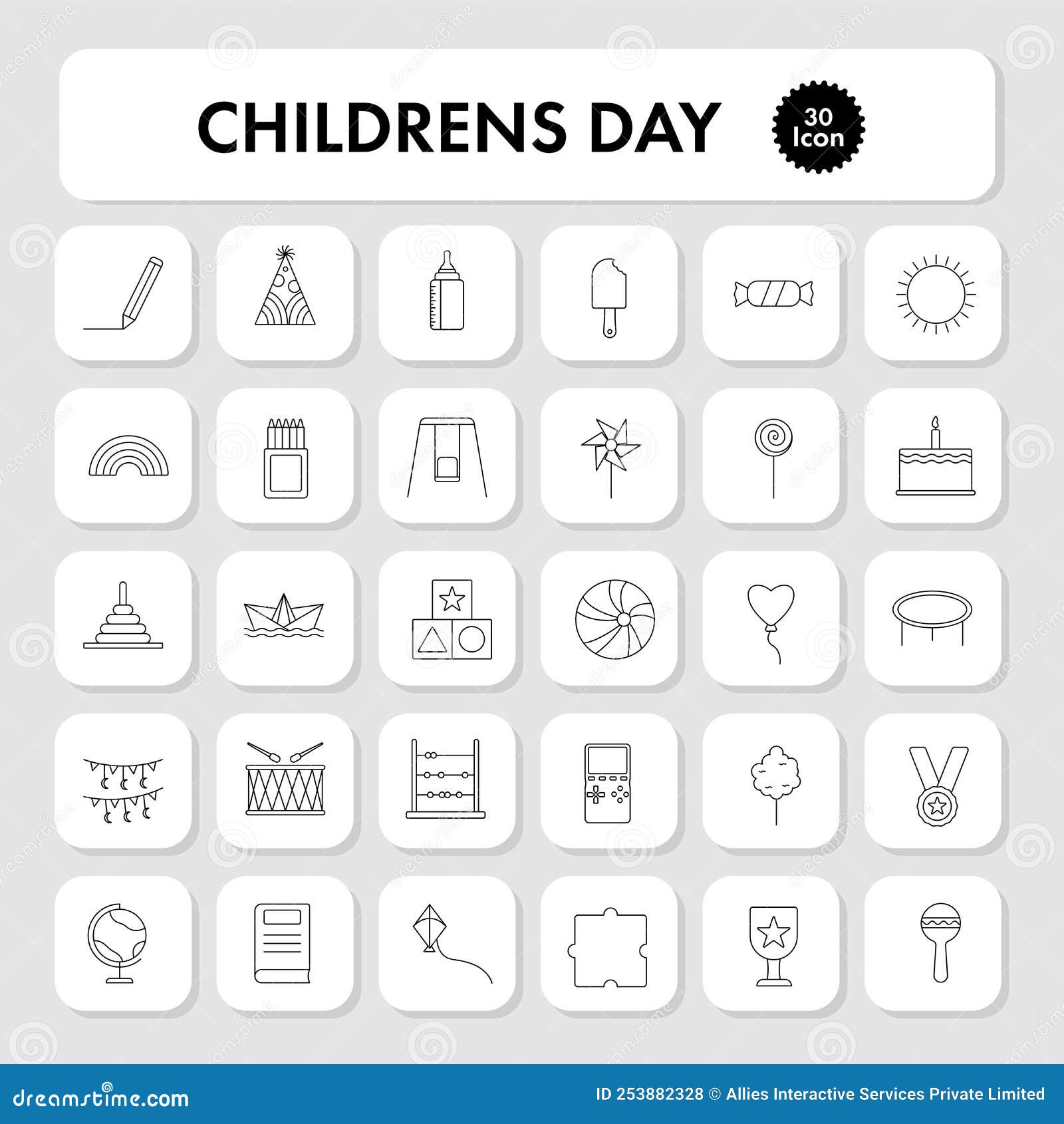 Black Thin Linear of 30 Children Day Square Icons Stock Illustration ...