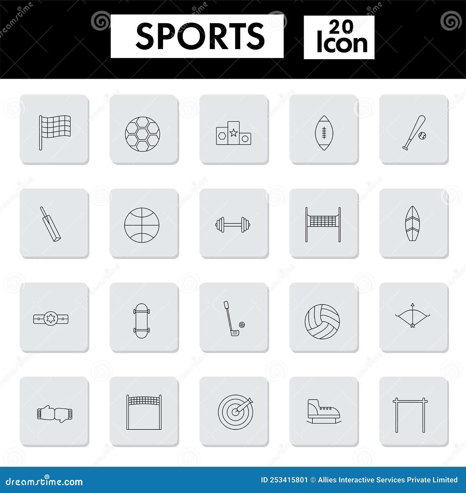 Black Thin Linear of Sports Equipment Square Icons Stock Illustration ...
