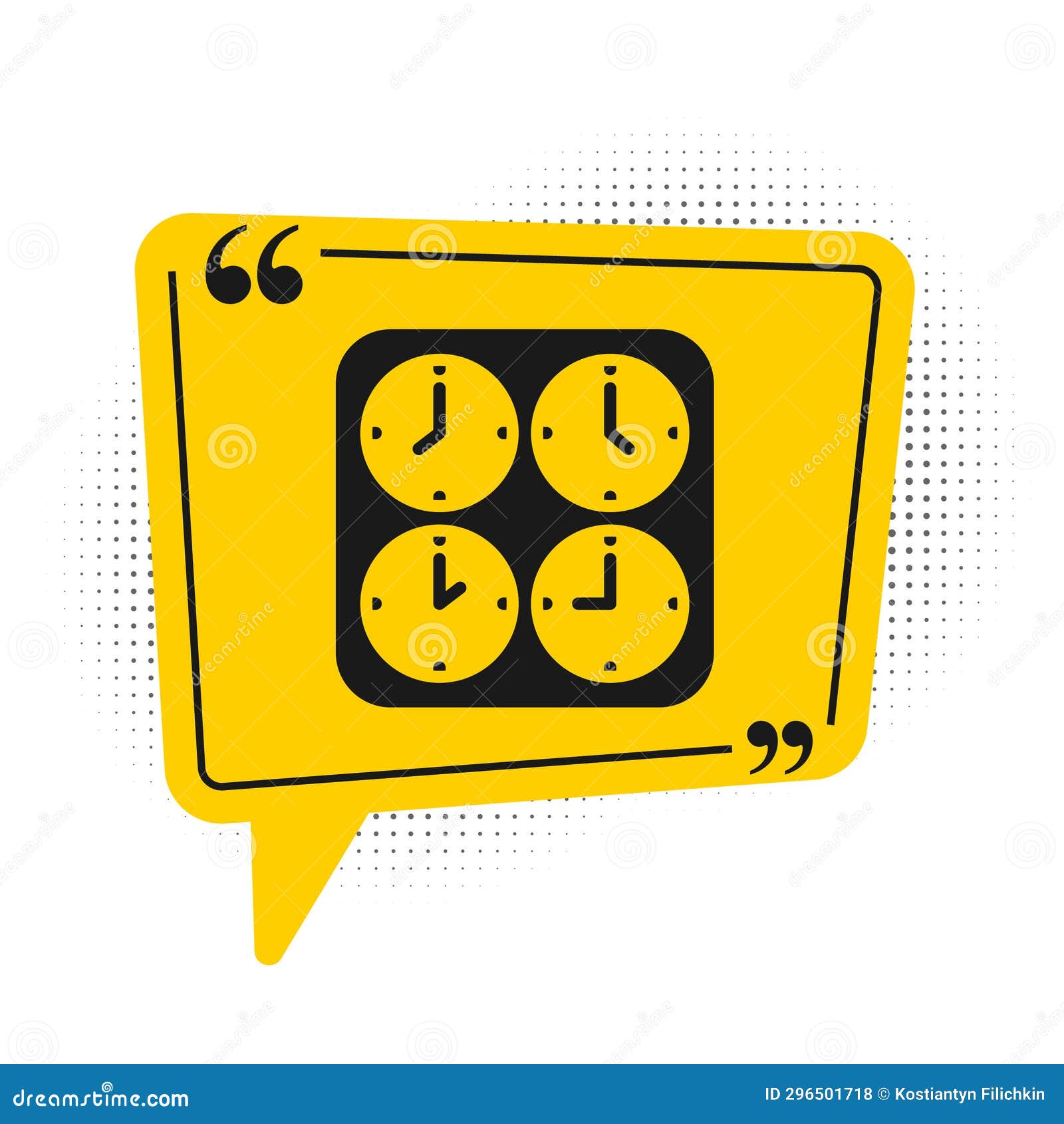 Black Time Zone Clocks Icon Isolated on White Background. Yellow Speech ...