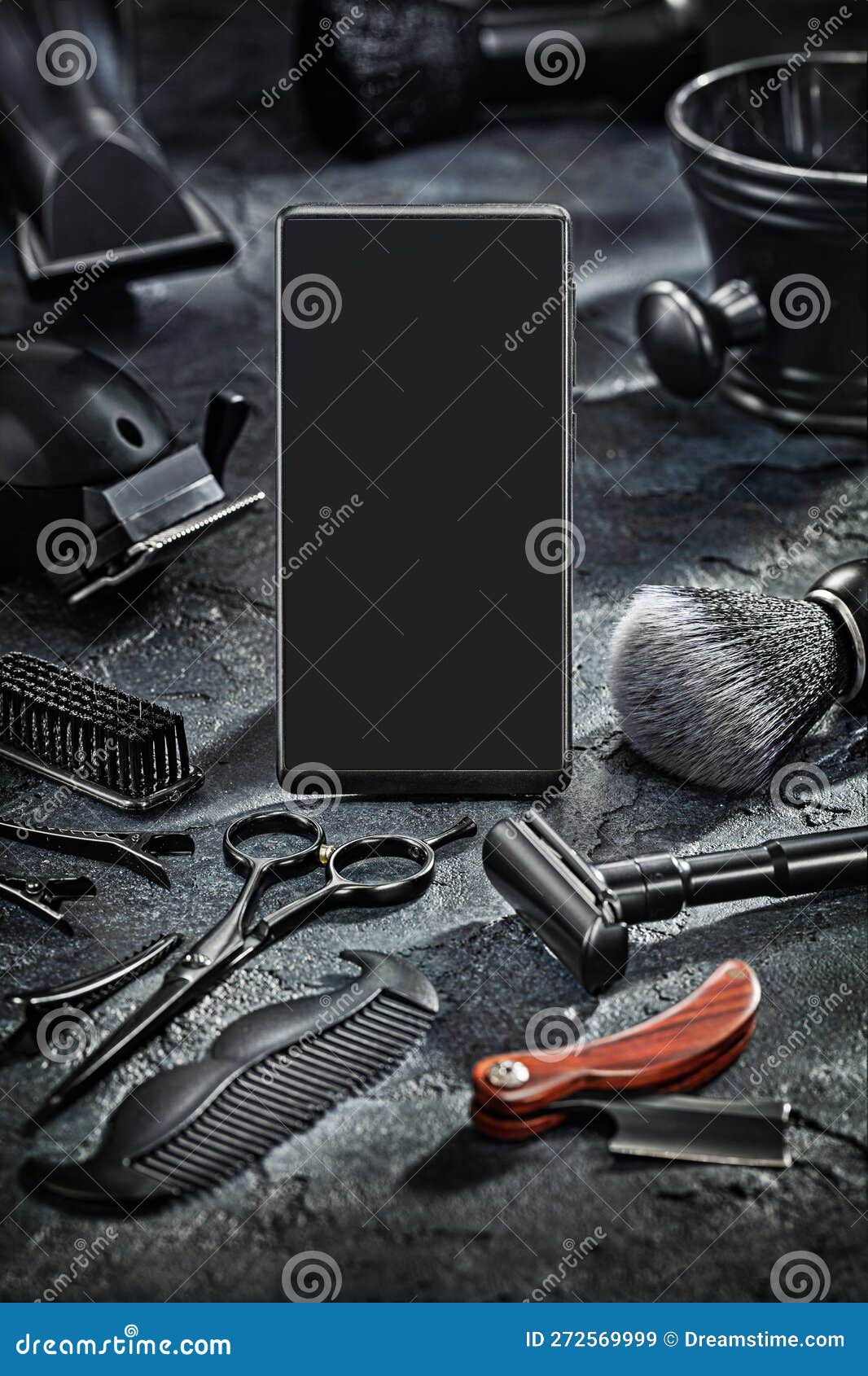 Black Tools of Barber on Stone Slate Background Mock Up Smartphone ...