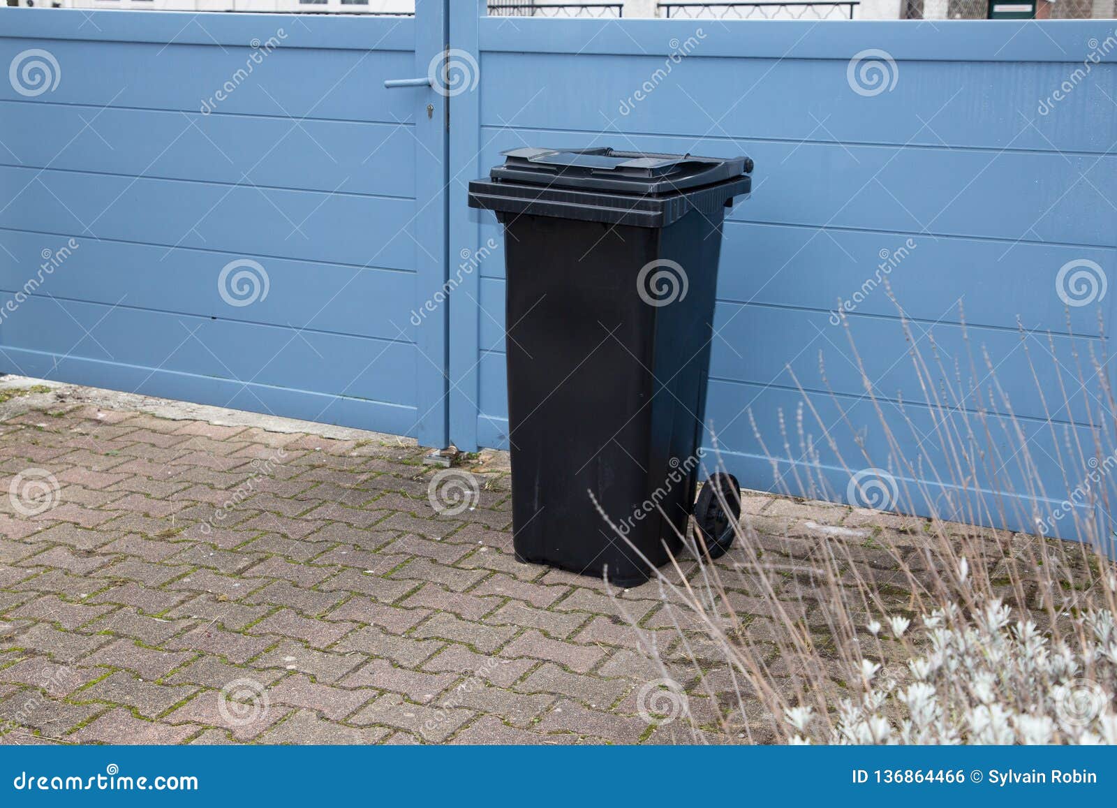 Black Trash Container Garbage Bin in Street Stock Photo - Image of ...