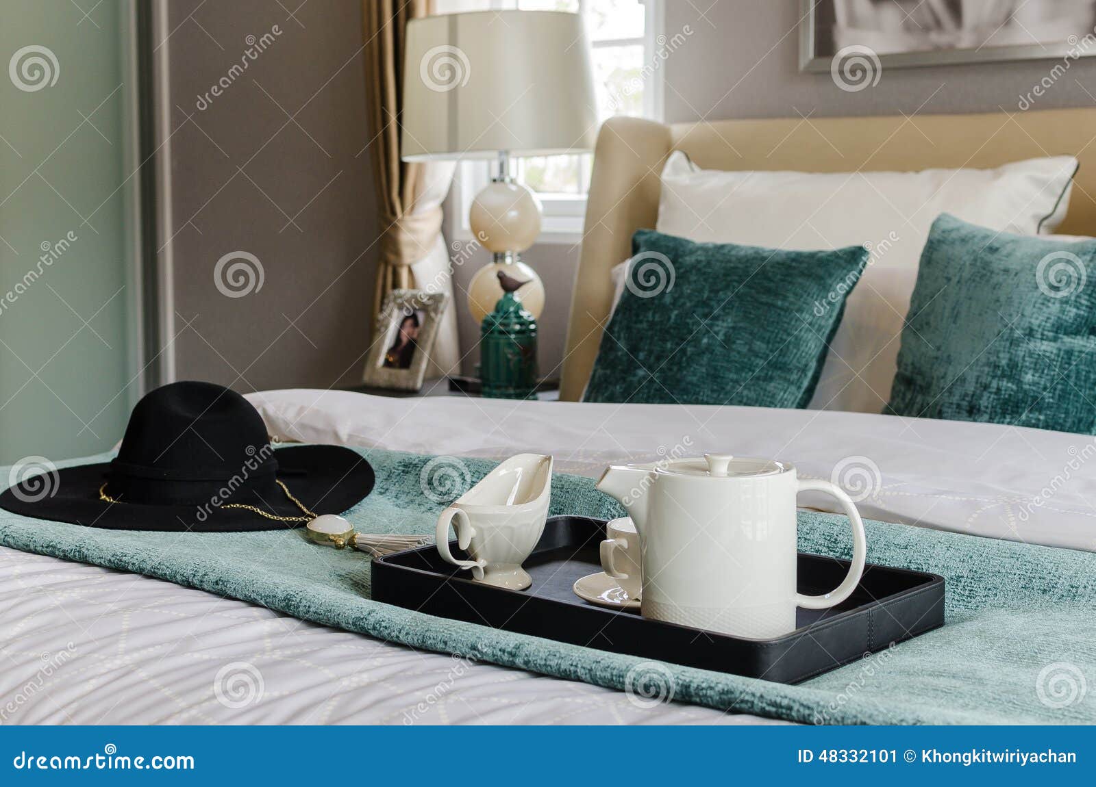 Black Tray of Tea Set in Modern Bedroom Stock Image - Image of curtain ...