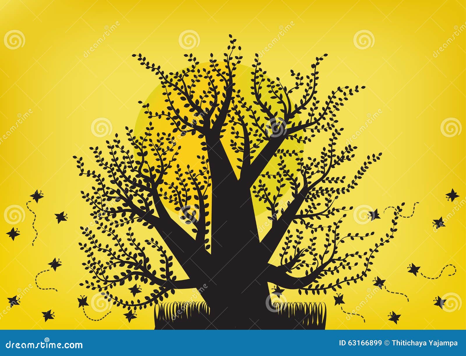 Black Tree and Butterfly on the Moon Light Stock Vector - Illustration ...