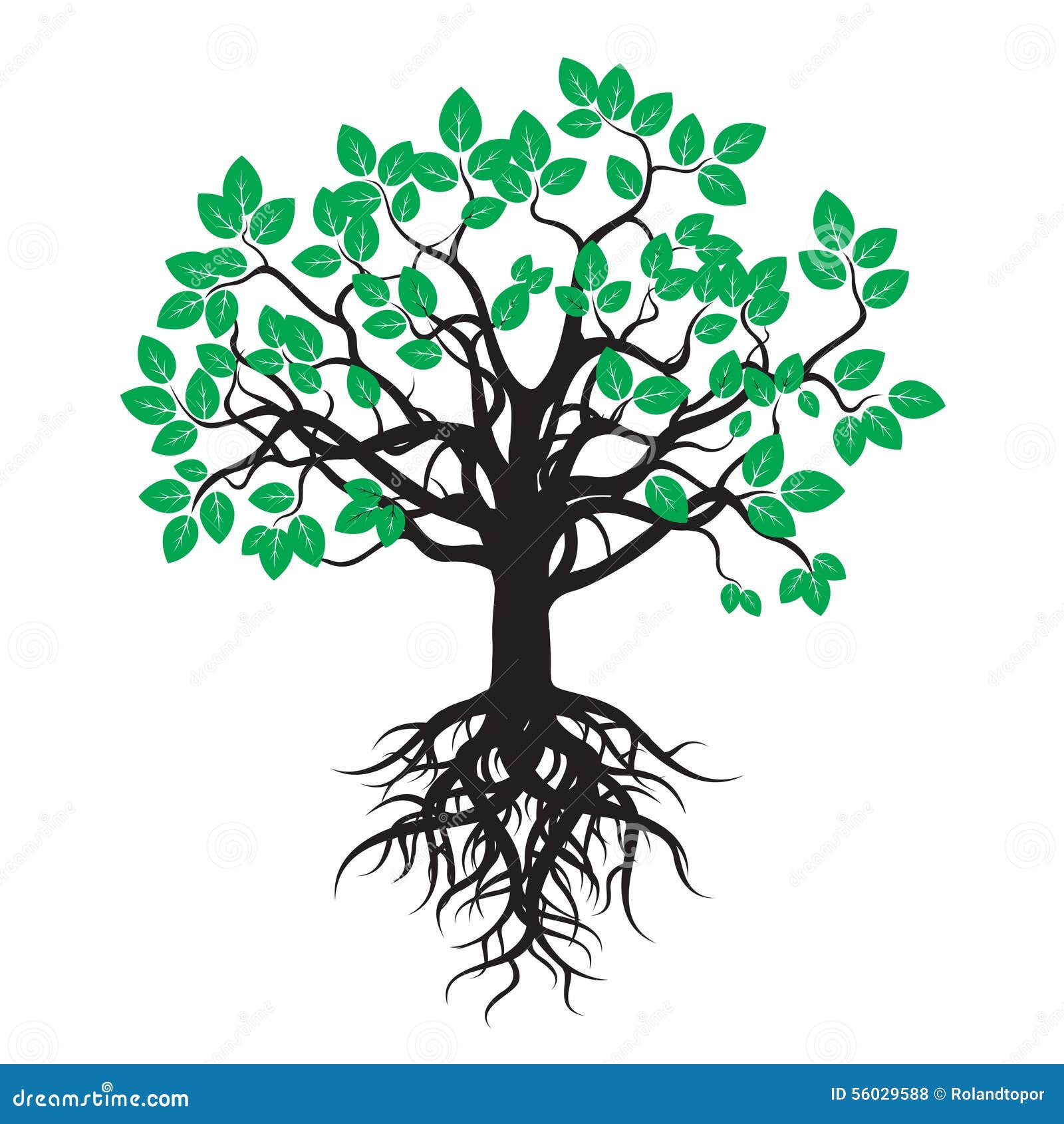 Black Tree with Green Leafs and Roots. Stock Illustration ...