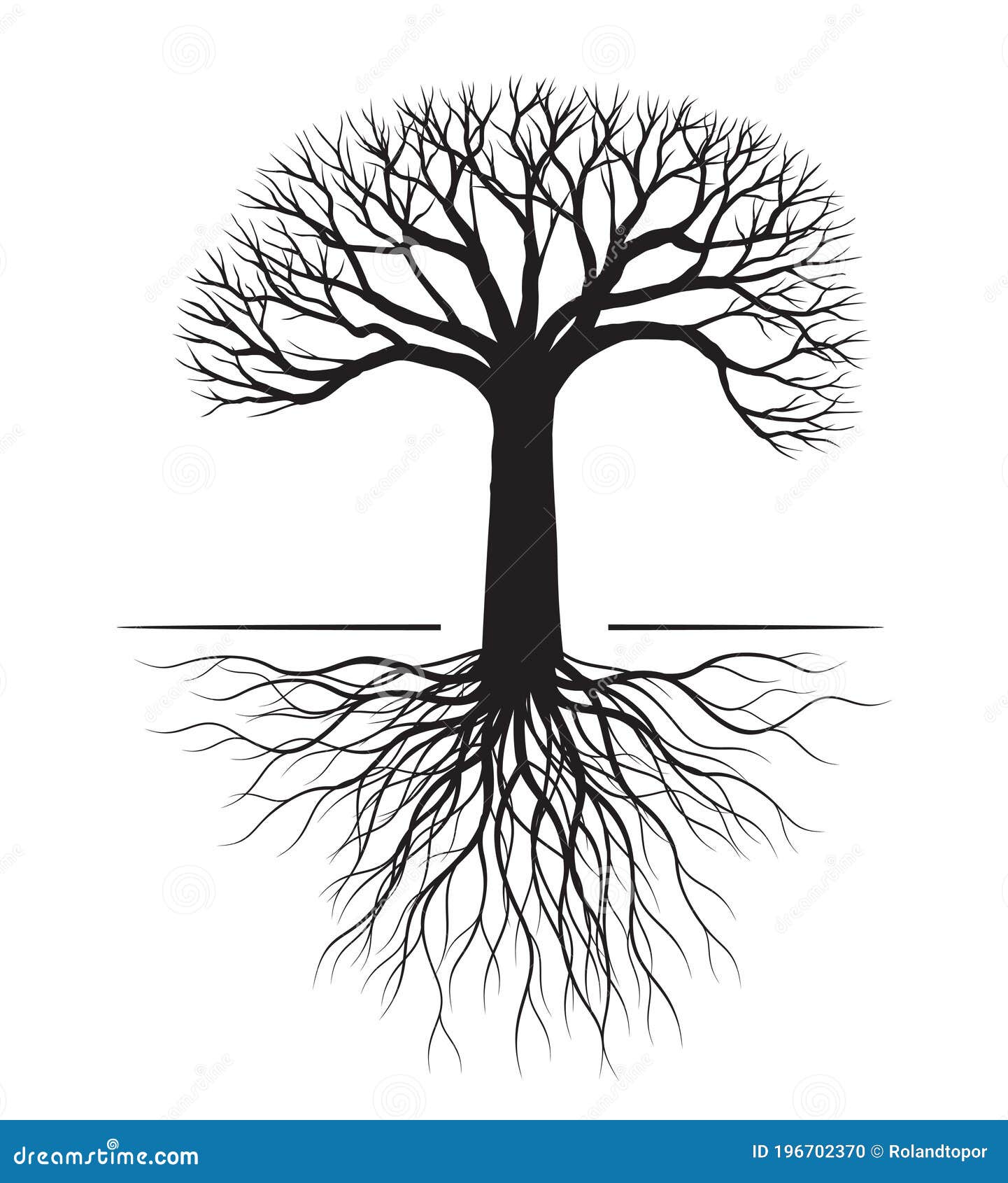 Black Tree with Roots. Vector Outline Illustration Stock Illustration ...