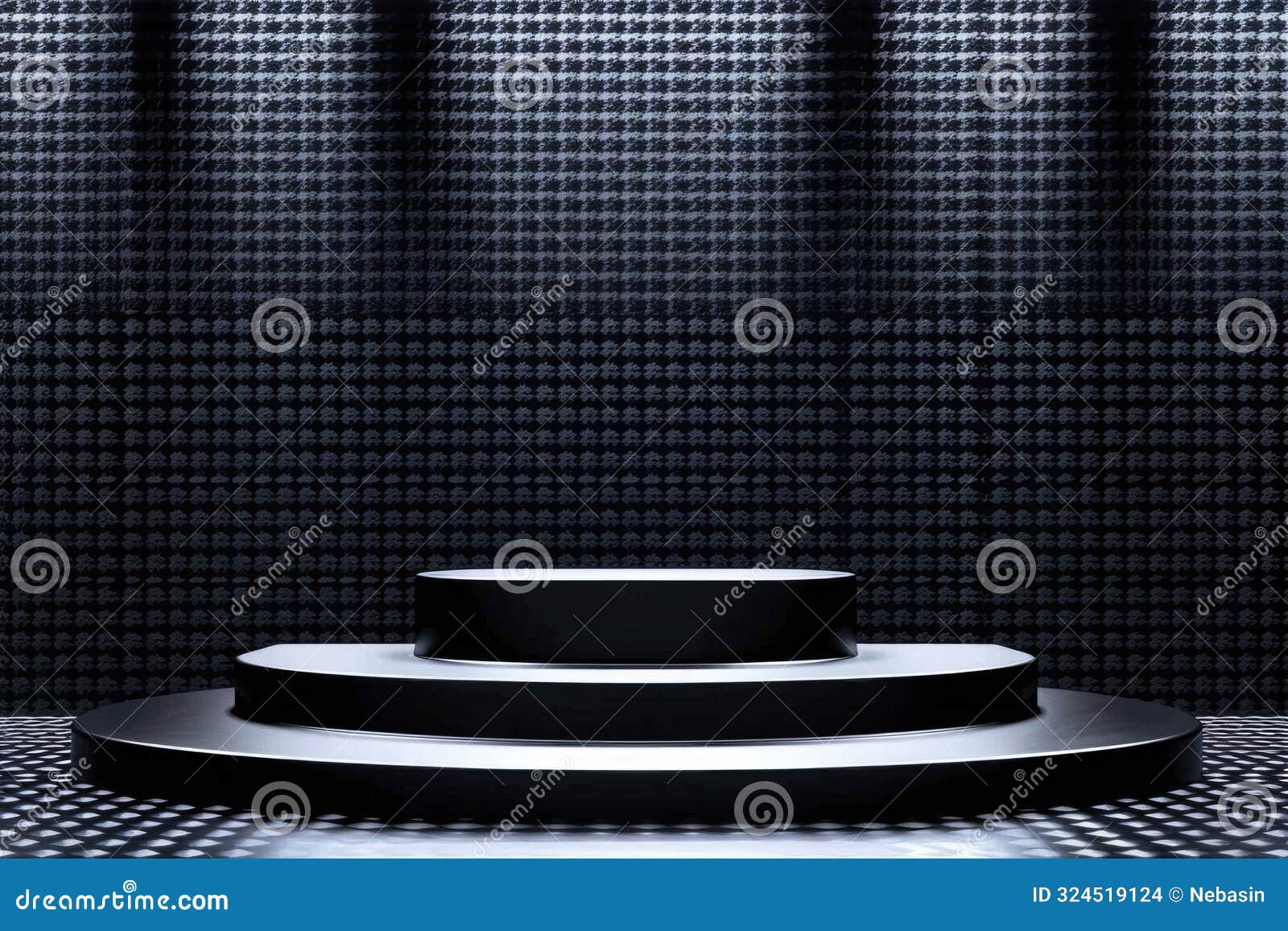 A Black, Tri-level Platform Stands on a Patterned Background Under the ...