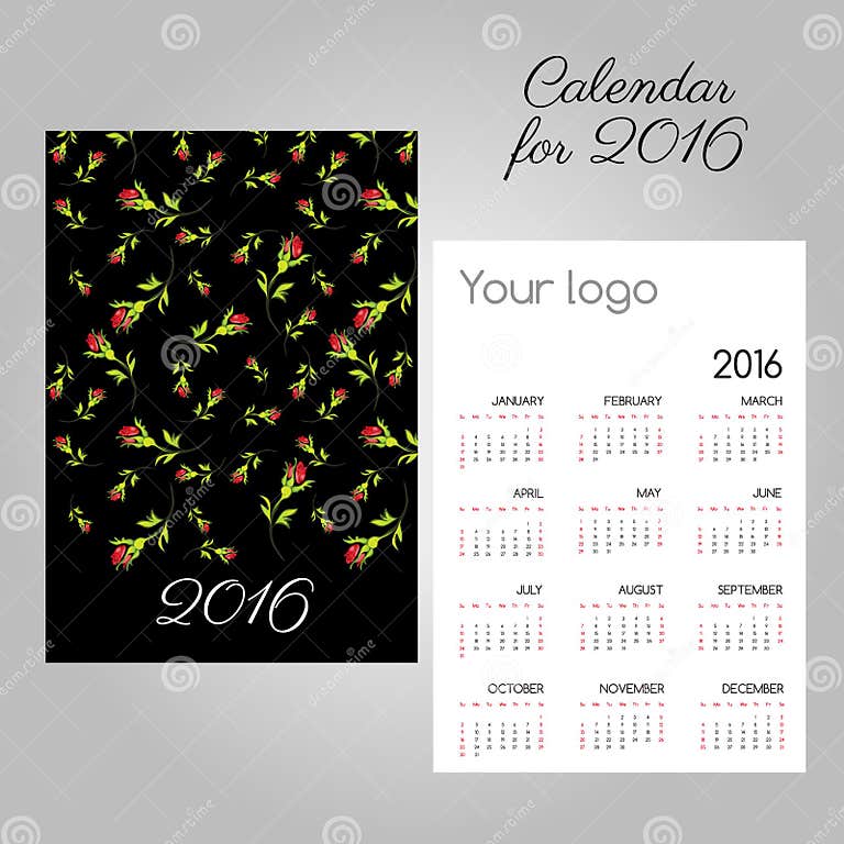 Black Two-sided Calendar 2016 with Roses Stock Illustration ...