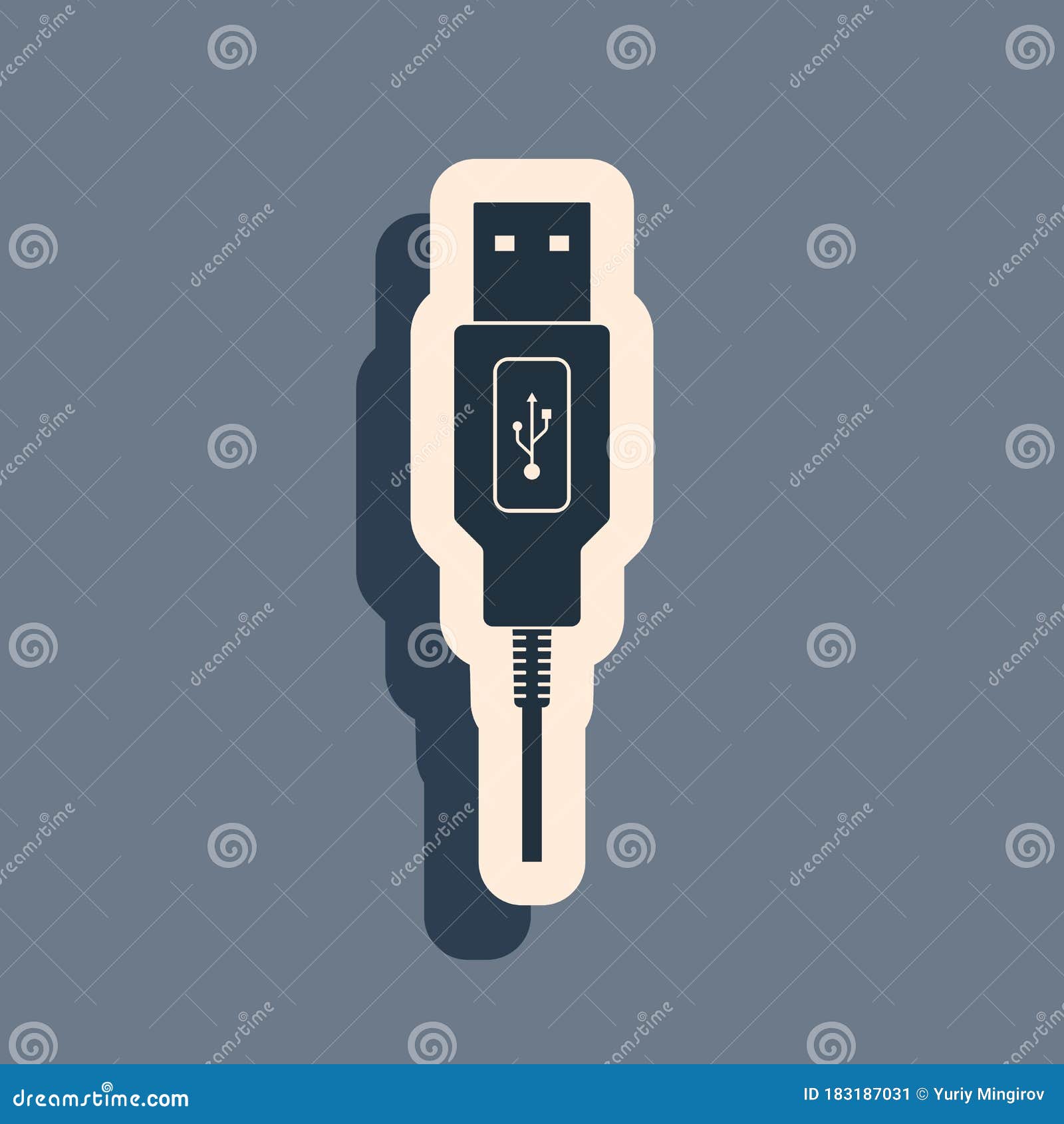 Black USB Cable Cord Icon on Grey Background. Connectors and Sockets ...