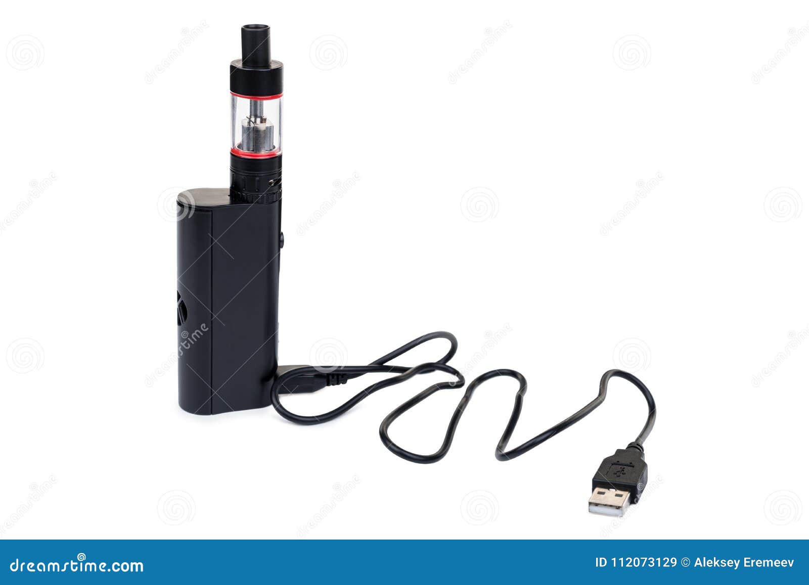 Black Vape with a Cable for Charging on a White Isolated Background ...