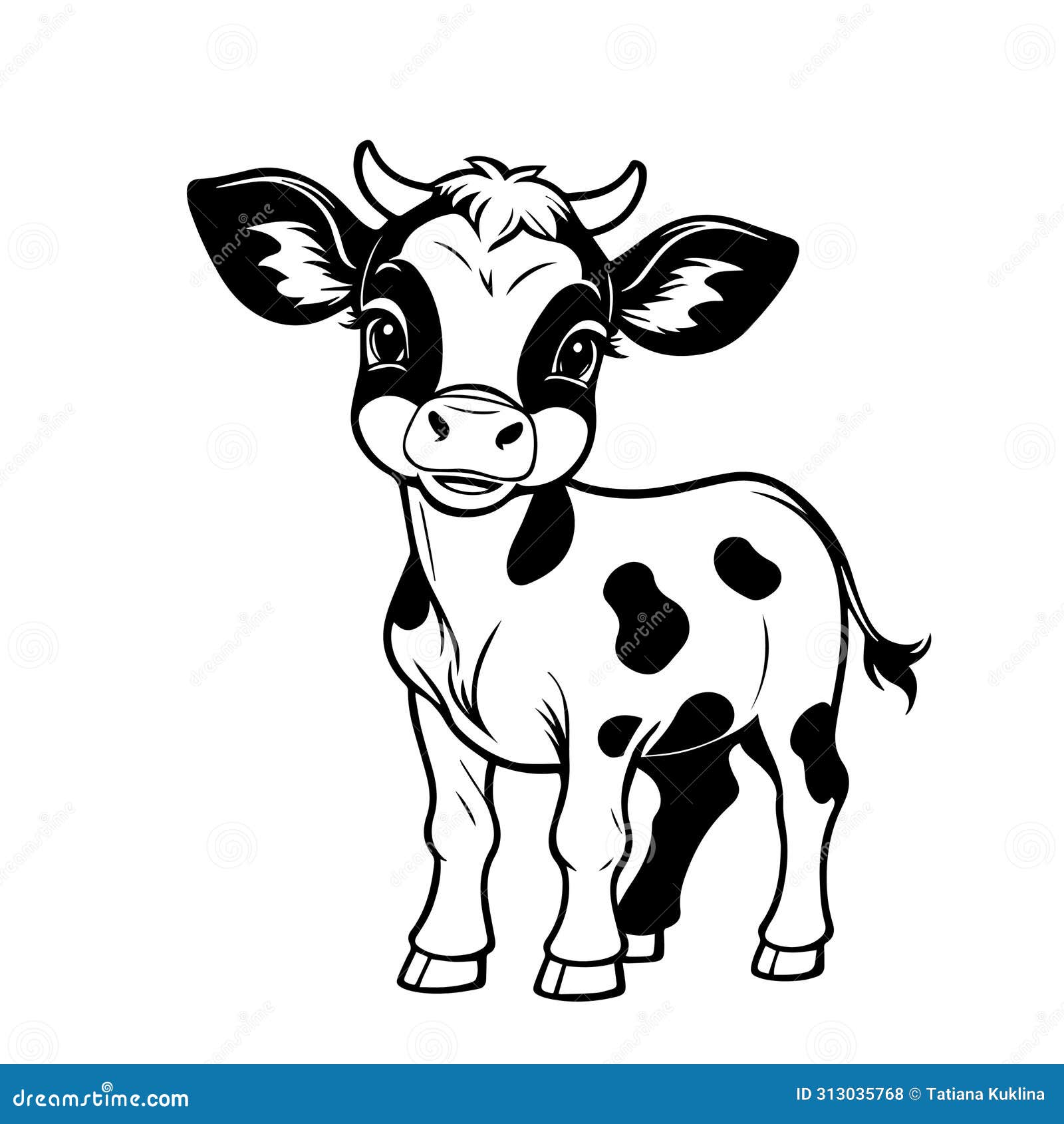 Black Vector Fun Calf Smiling on a White Background for Coloring Book ...