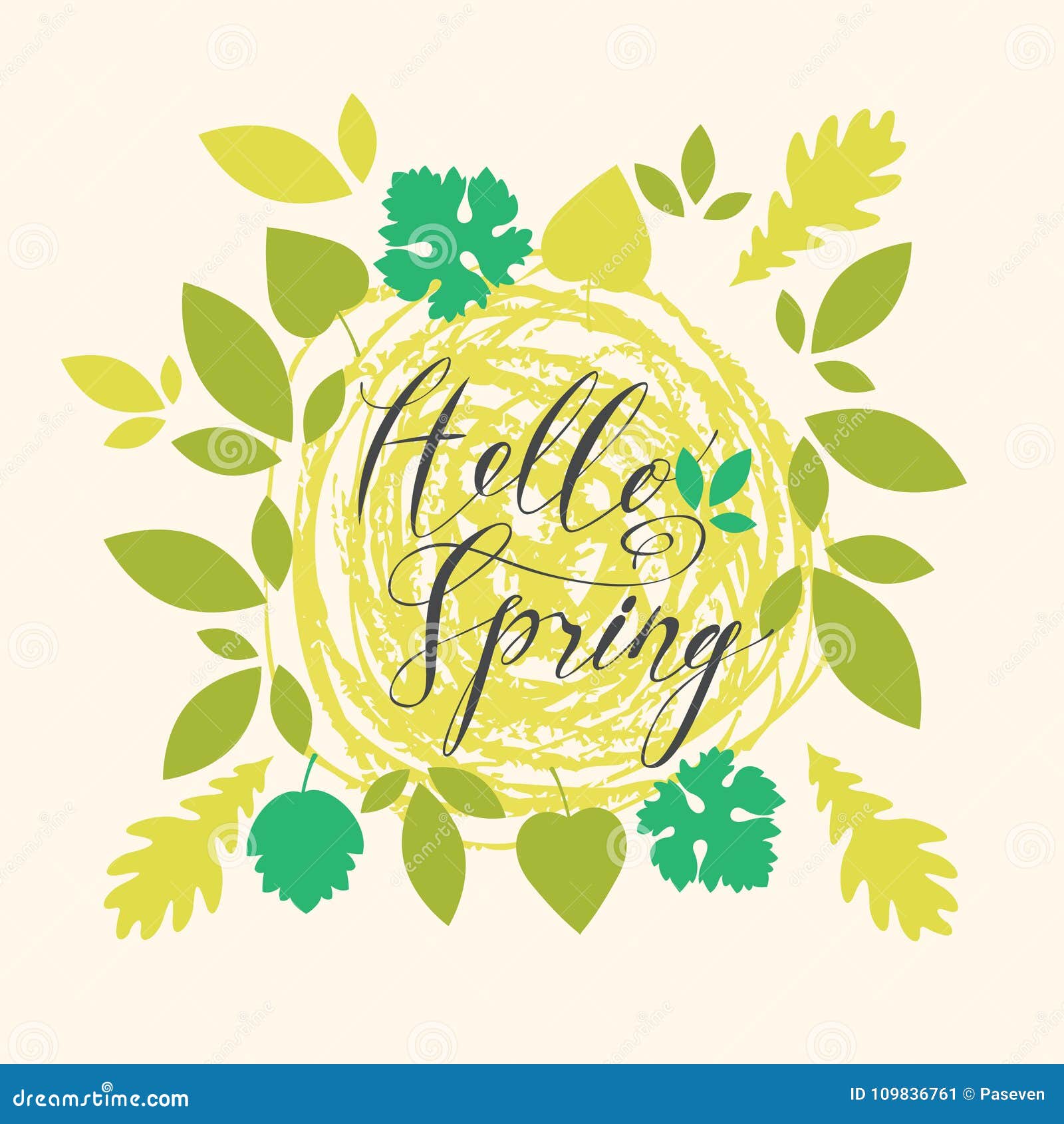 Handwritten Inscription Hello Spring with Leaves Stock Vector ...