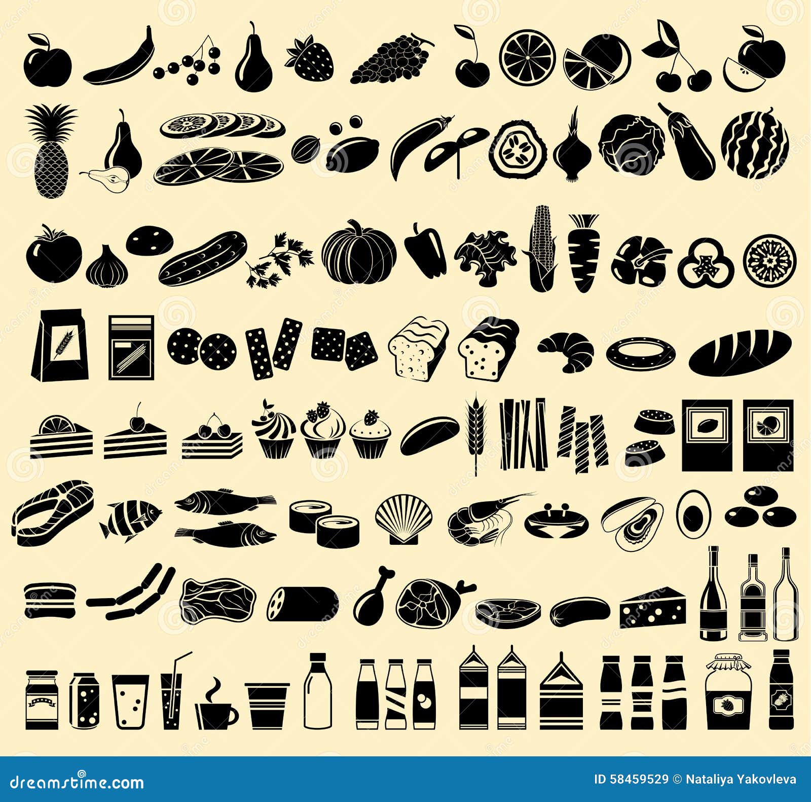 Black Vector Icons of Products Stock Vector - Illustration of cooking ...