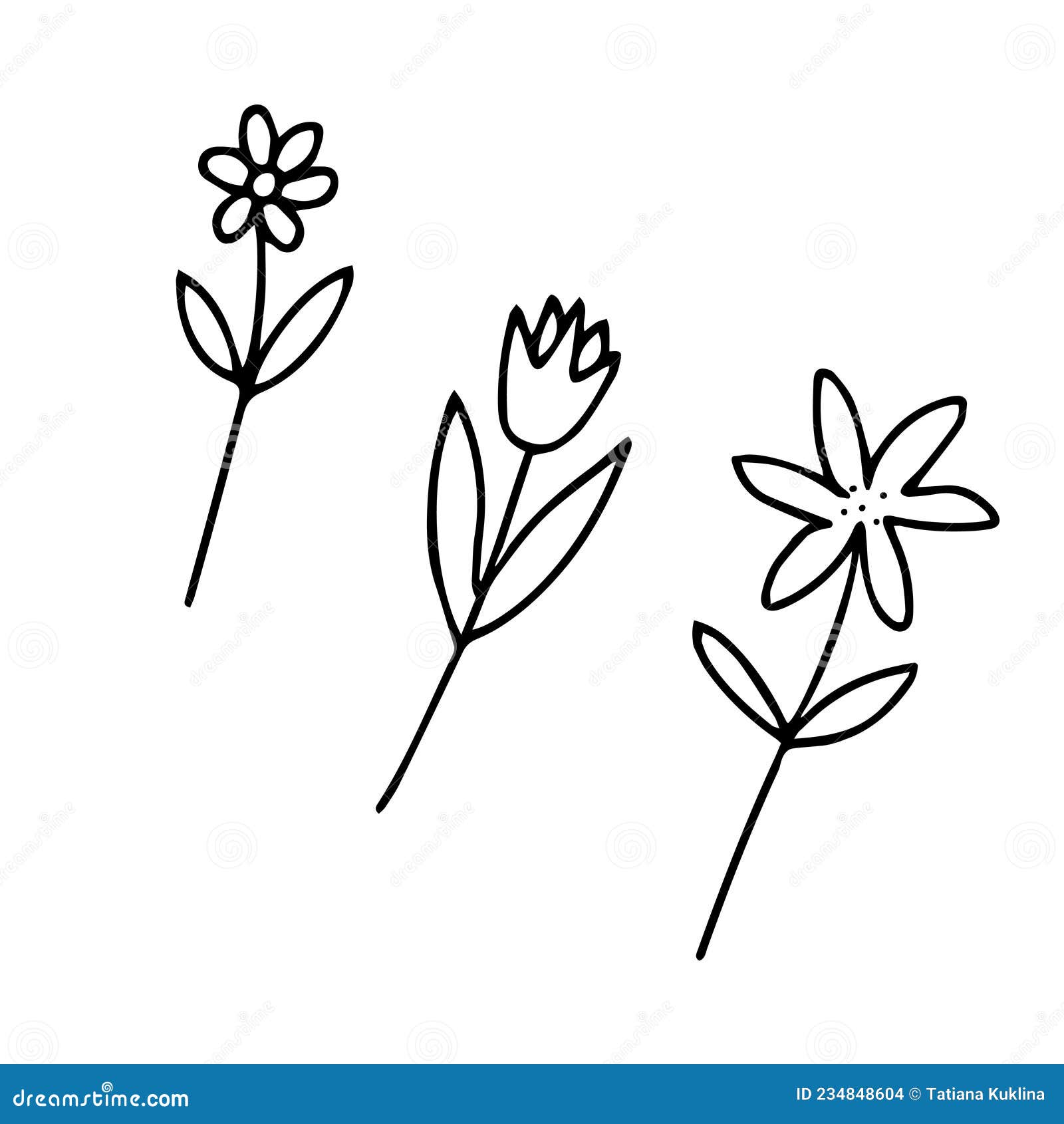 Black Vector Illustration of a Group of Three Different Flowers with ...
