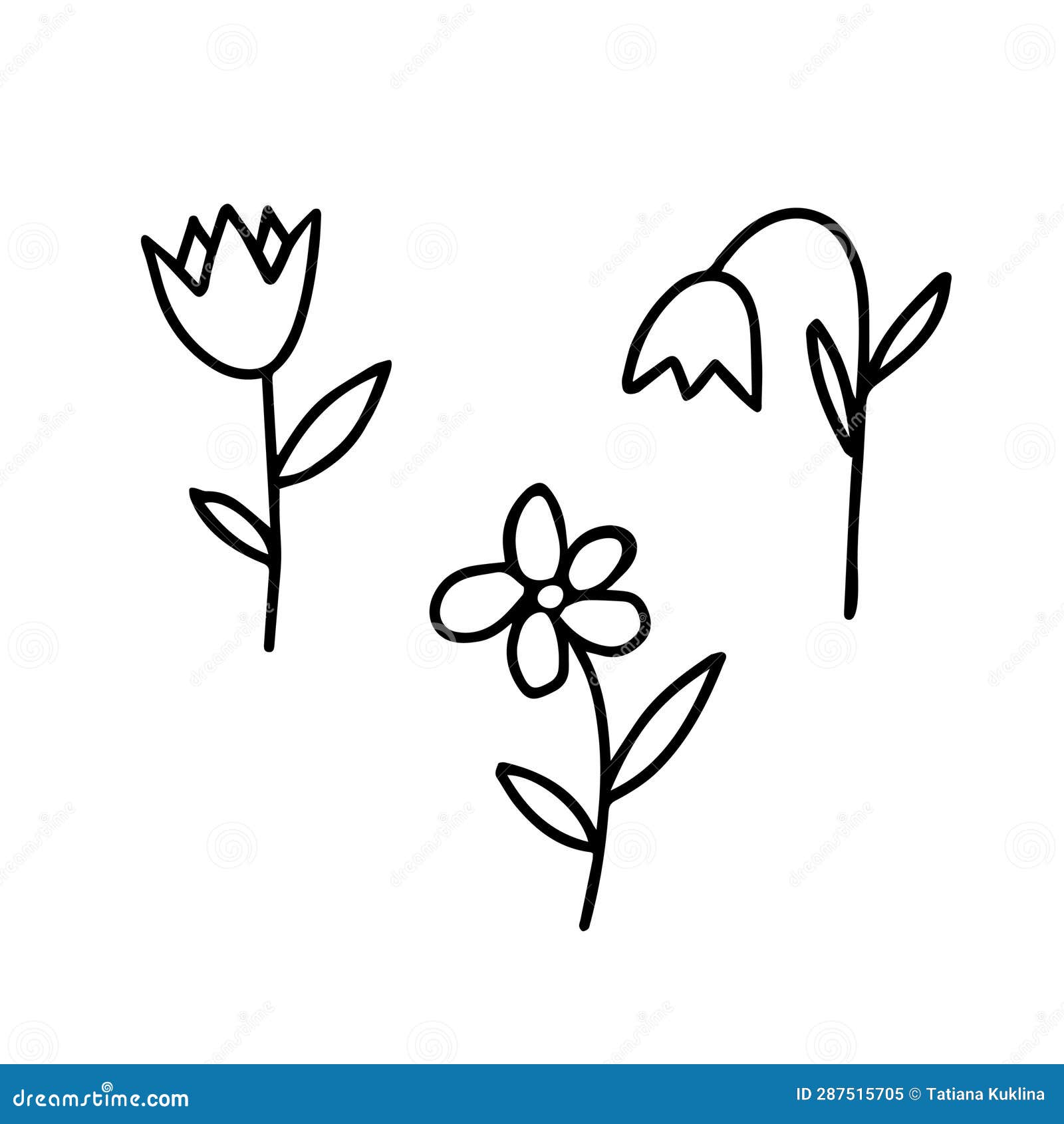 Black Vector Illustration of a Group of Three Different Flowers with ...