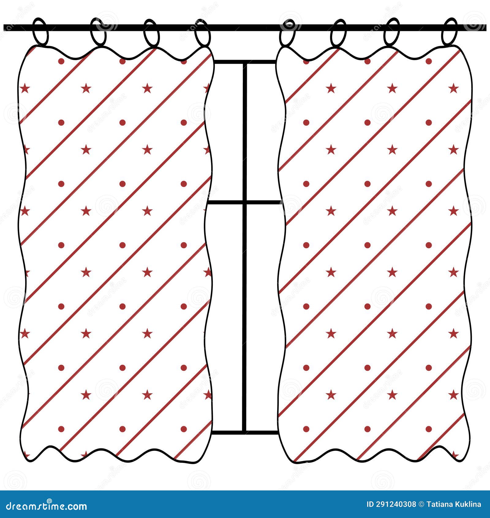 Black Vector Outline Illustration of Curtains with Red Pattern on a ...