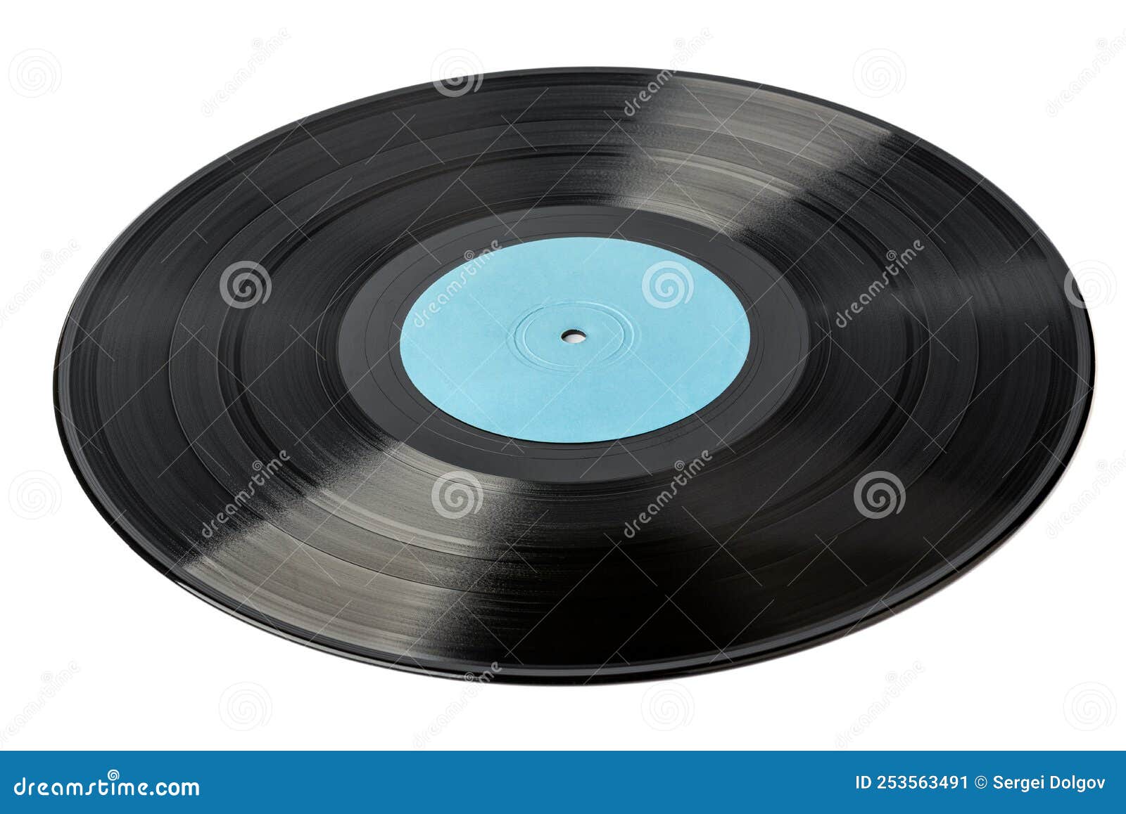Black Vinyl Record with Blank Blue Label Isolated on White Background ...