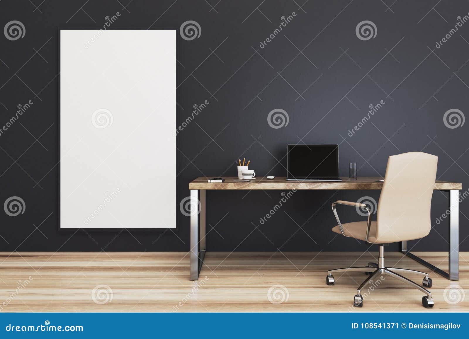 Black Wall Home Office, Table and Poster Stock Illustration ...