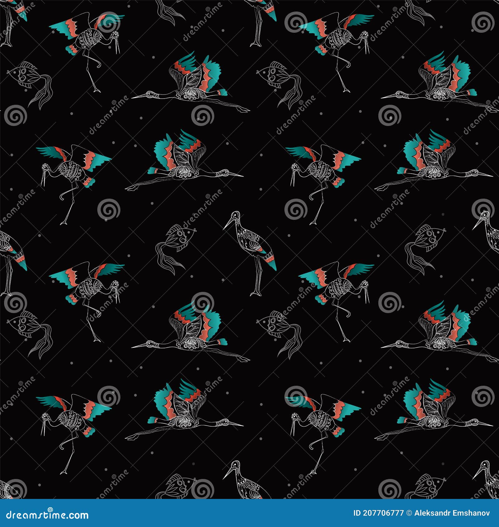 Black Wallpaper With The Image Of Cranes And Fish In The Style Of ...