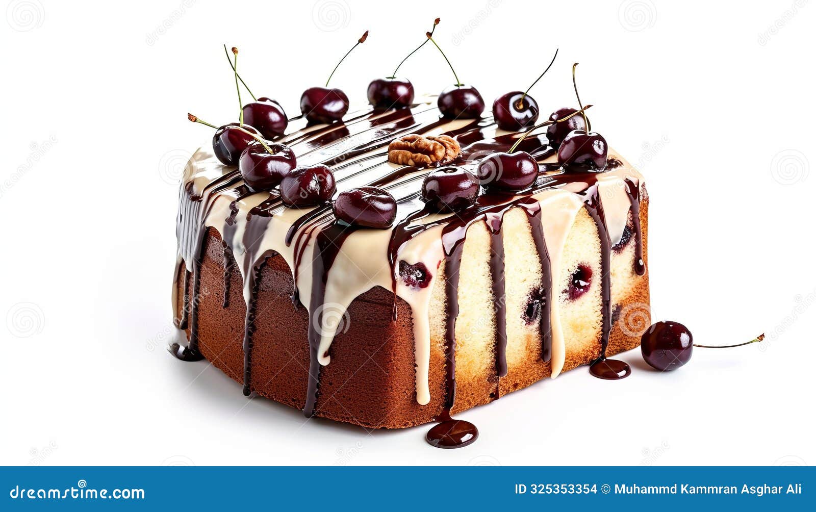 Black Walnut Cherry Drizzle Cake, Isolated on White Stock Illustration ...